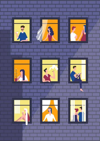 People in windows frames. Communicating neighbors, looking out window ...