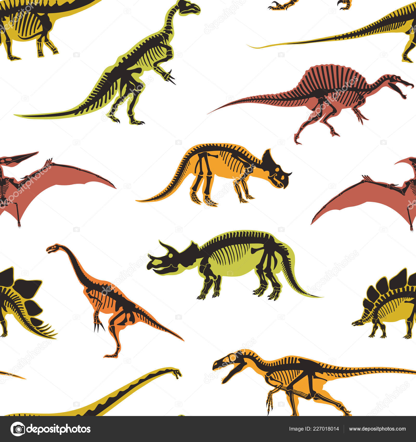 Dinosaurs Pterodactyl Types Animals Seamless Pattern Isolated White ...