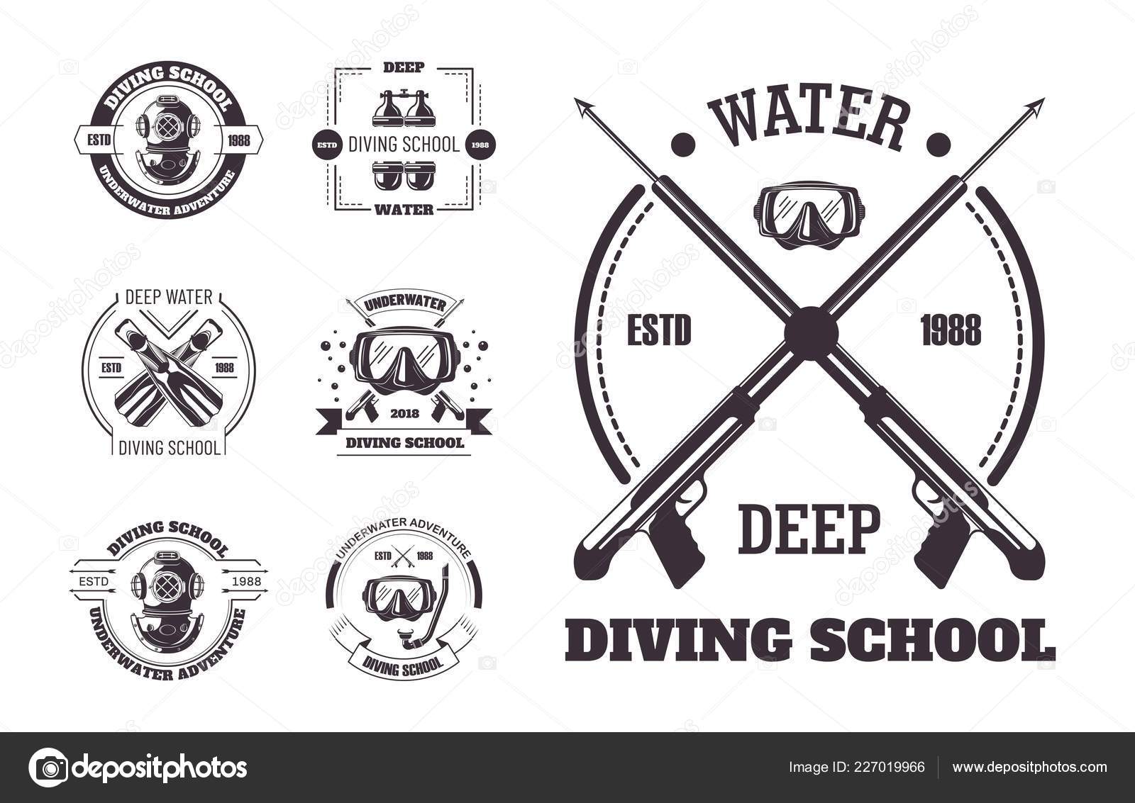 Diving School Deep Water Monochrome Emblems Set Stock Vector by ...