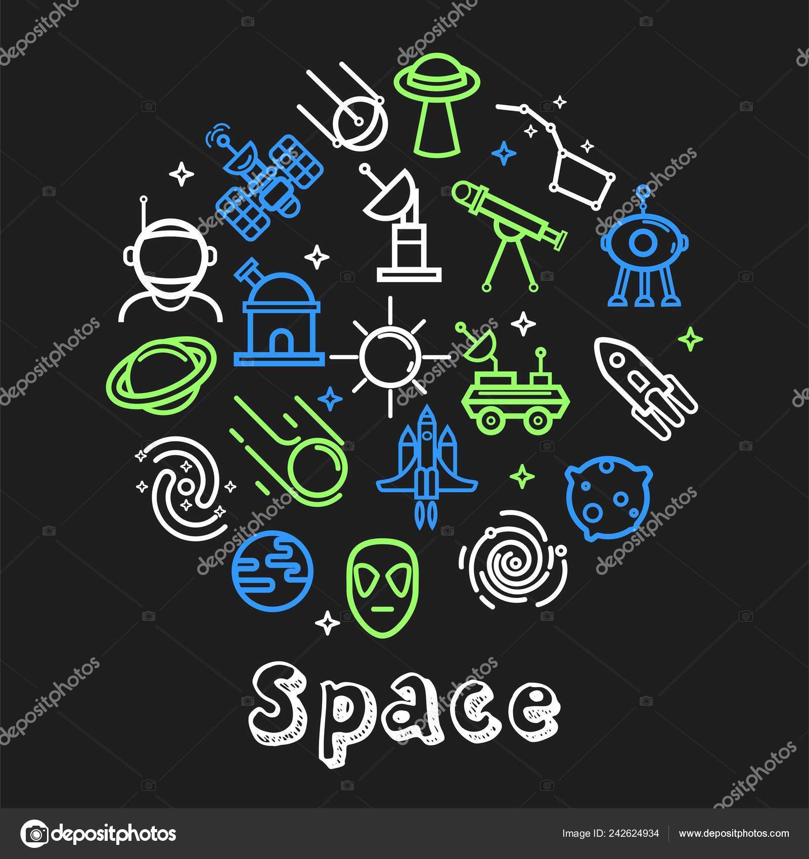 Cosmos Cosmic Objects Space Neon Outline Icons Vector Satellite ...