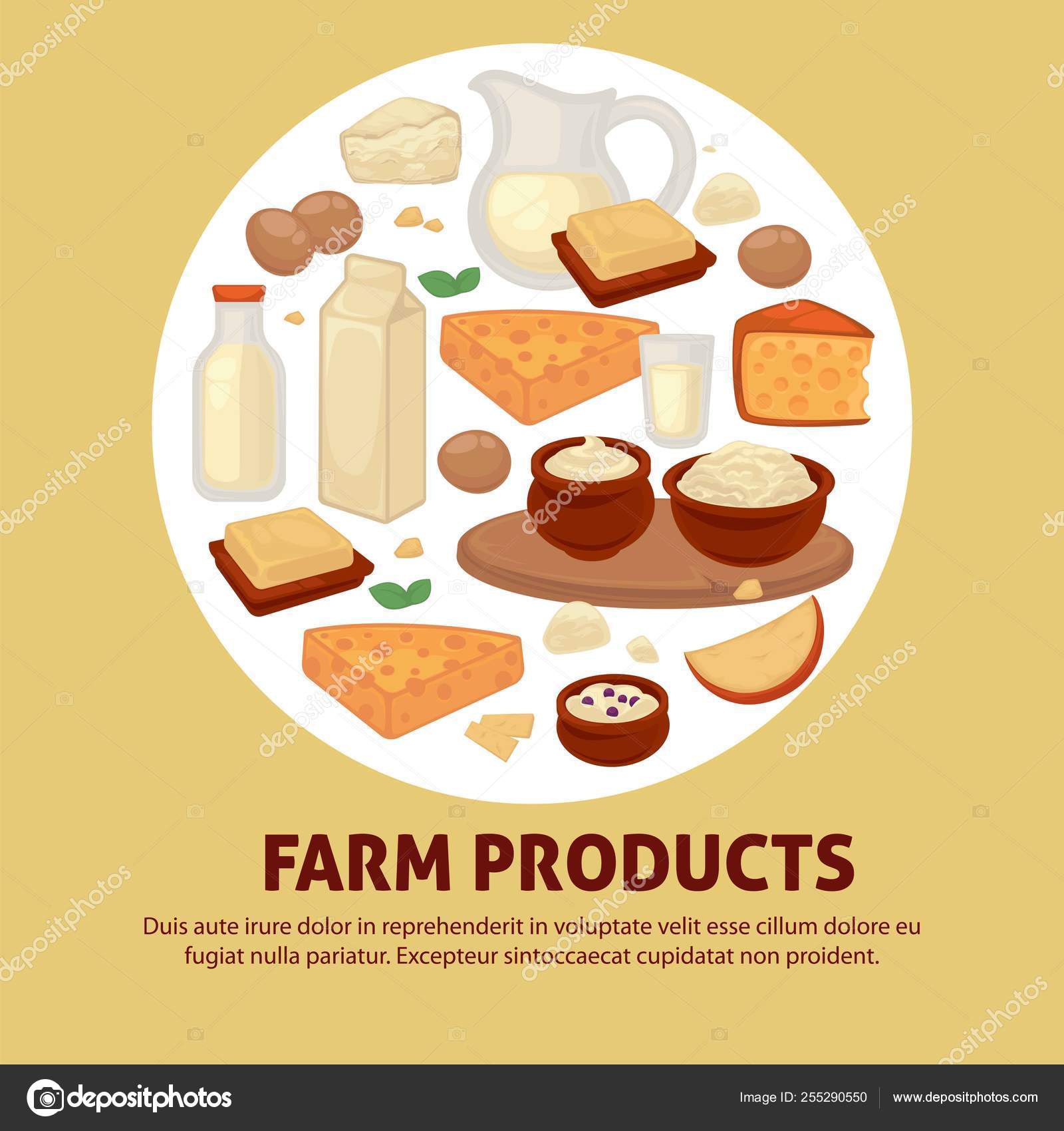 Dairy Food Farm Products Milk Cheese Eggs Sour Cream Vector Stock