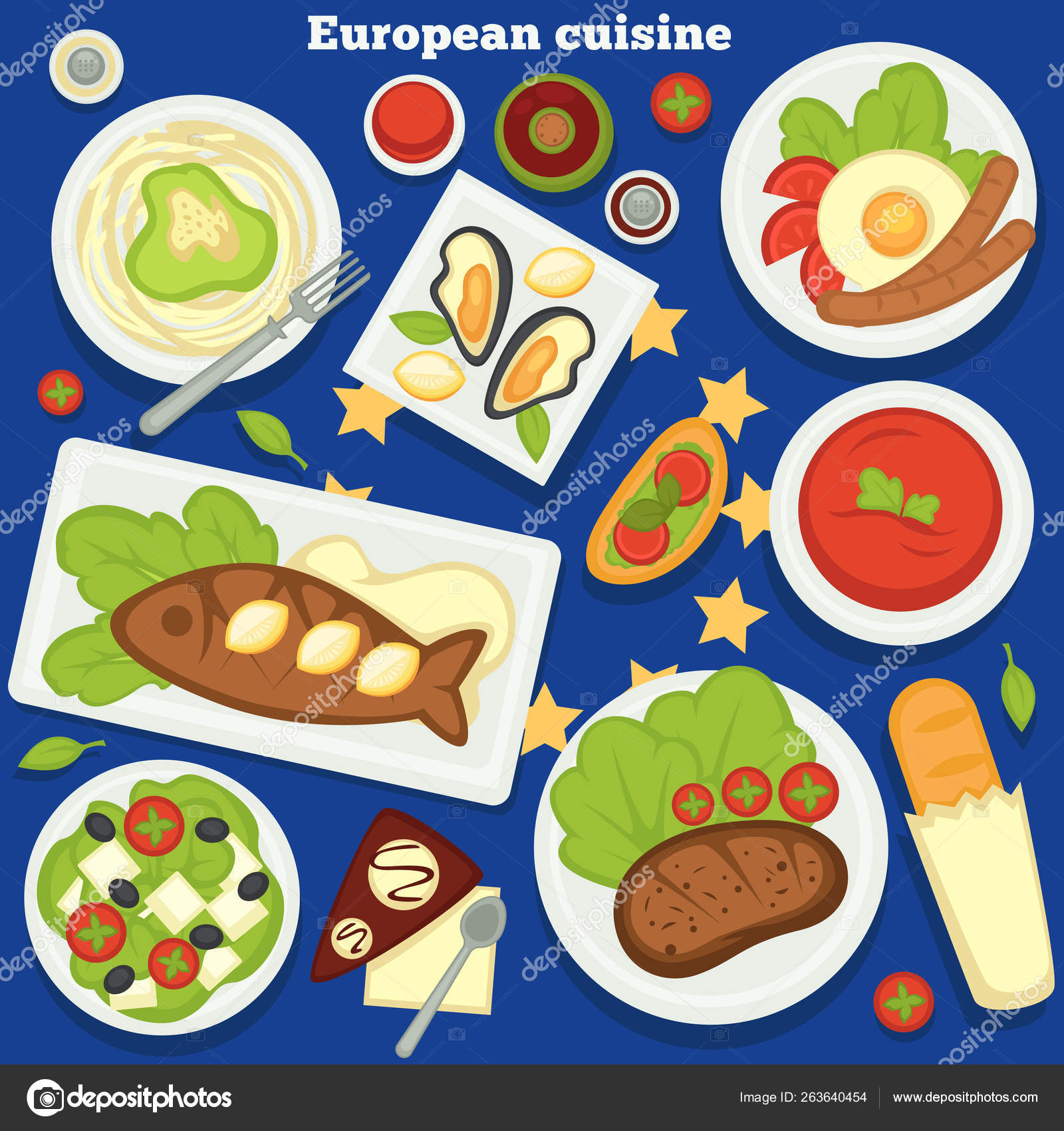 Food Europe European Cuisine Dishes Meals Desserts Vector Pasta Oysters ...