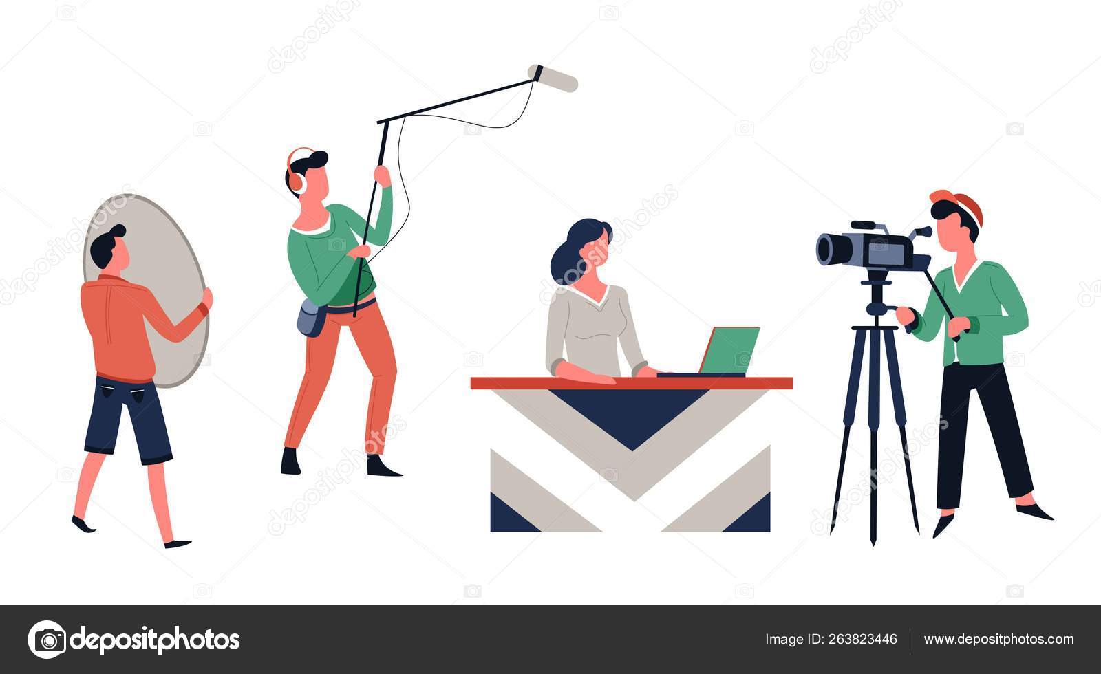 News Reader Cameraman Show Shooting Filming Vector Woman Table Laptop ...