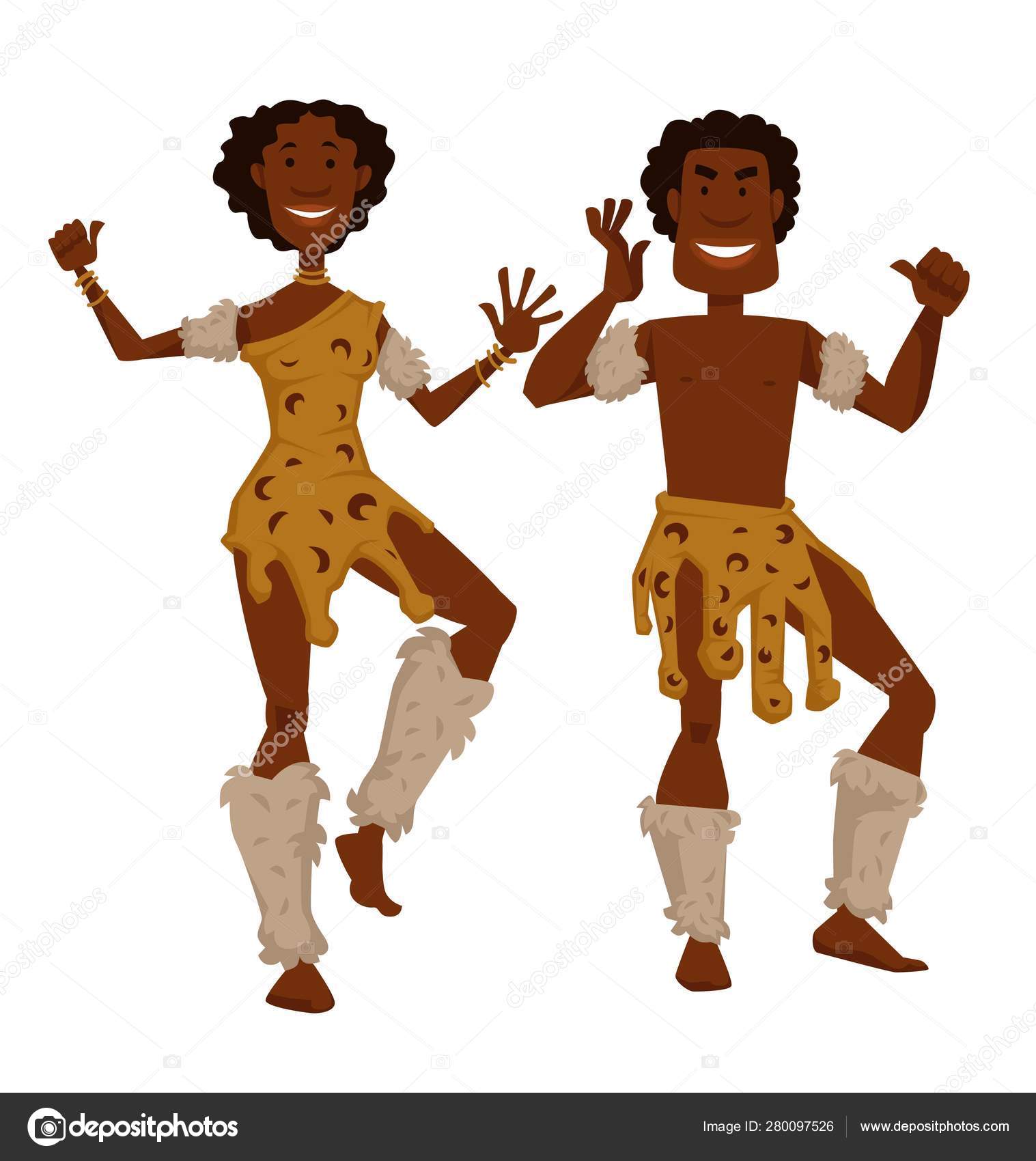African tribe man and woman in animal skin and fur dancing Stock Vector ...
