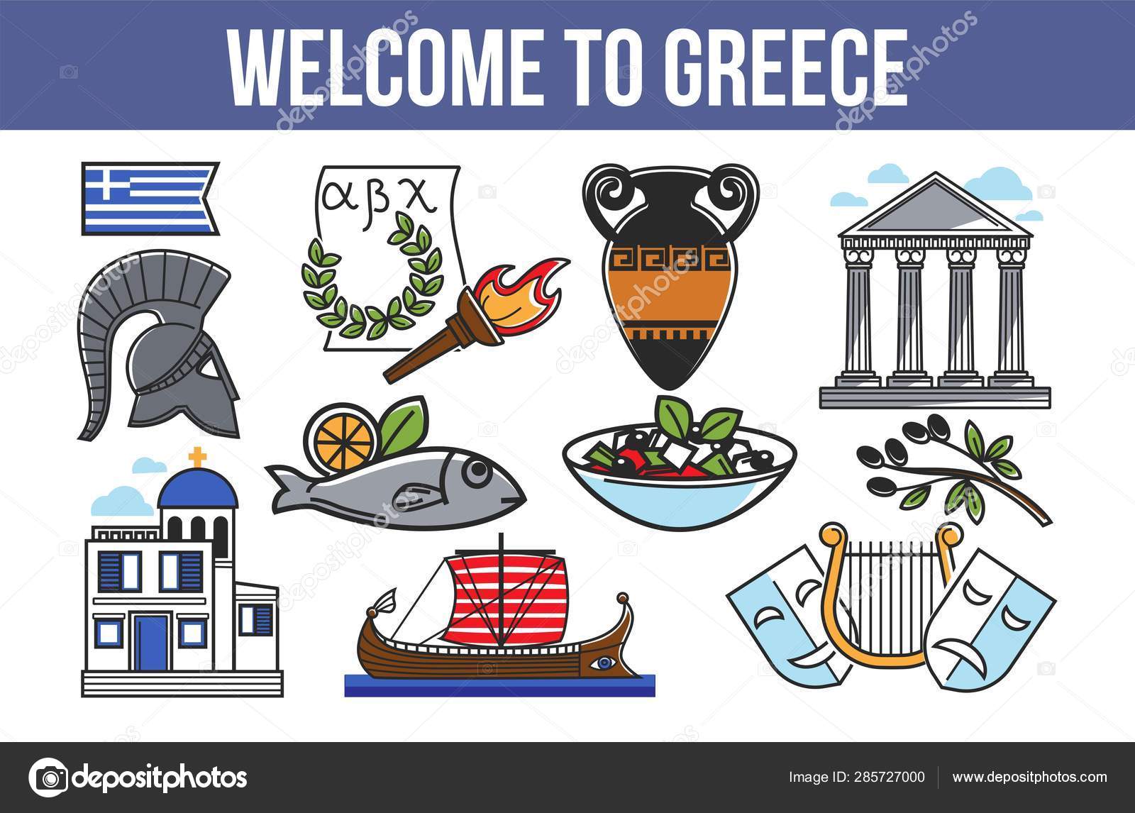 Welcome to Greece Greek symbols isolated objects tourism Stock Vector ...