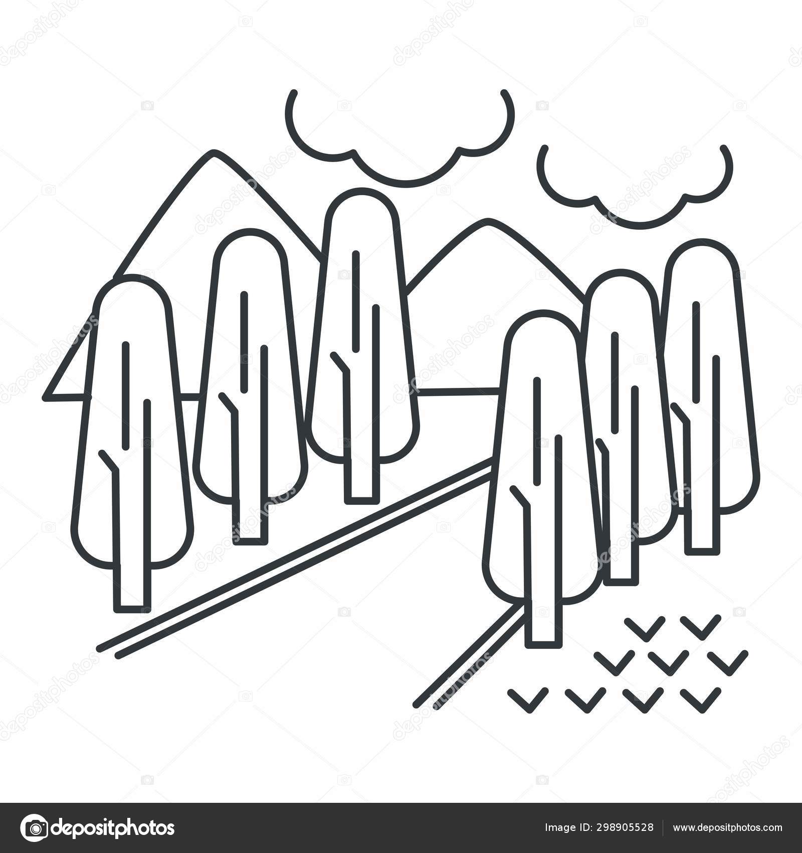 Countryside landscape, road and trees, mountains or hills outline ...