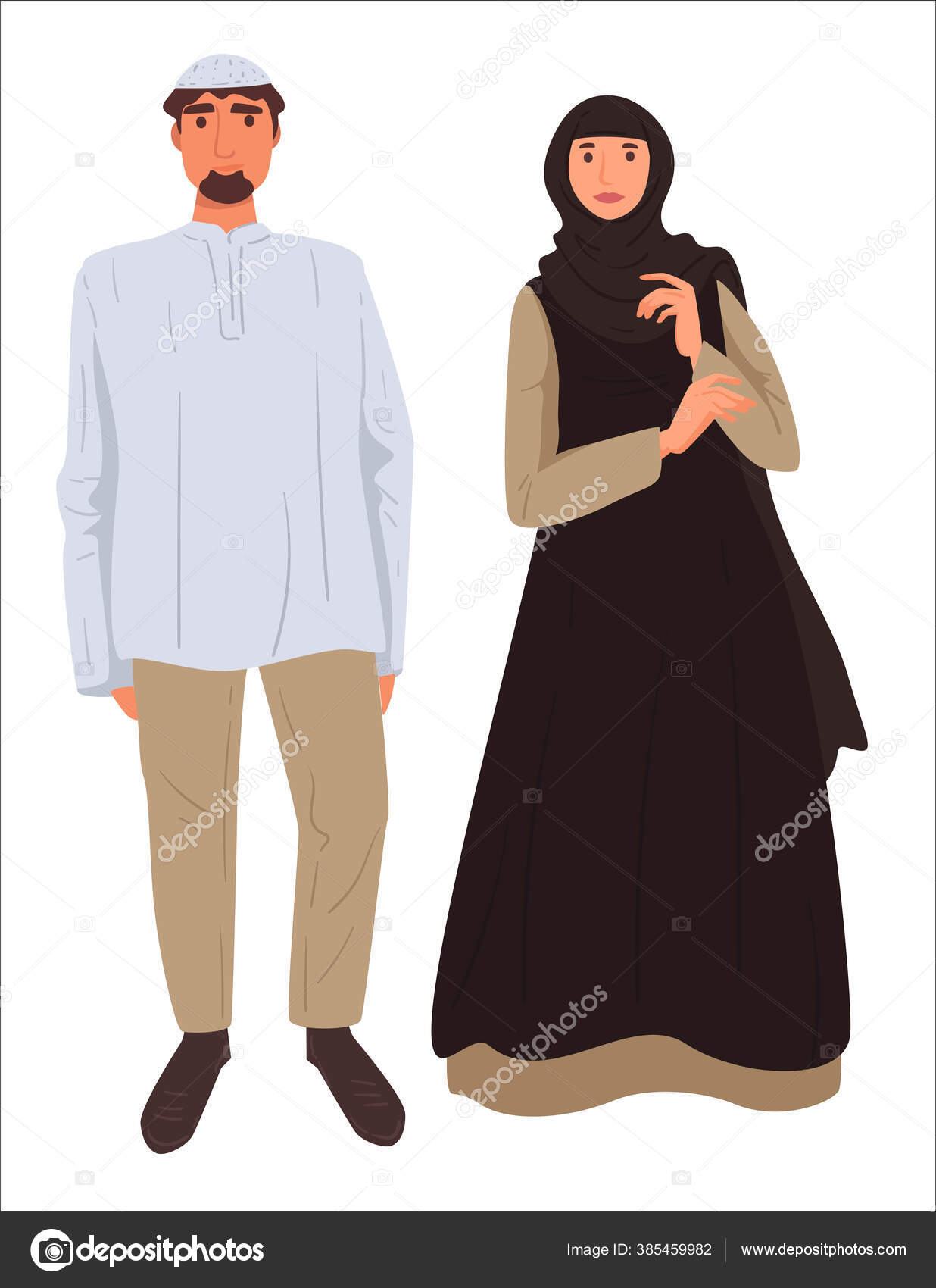 Pareja Islámica Ropa Tradicional Personajes Árabes Masculinos Femeninos Marido Esposa Vector de ...