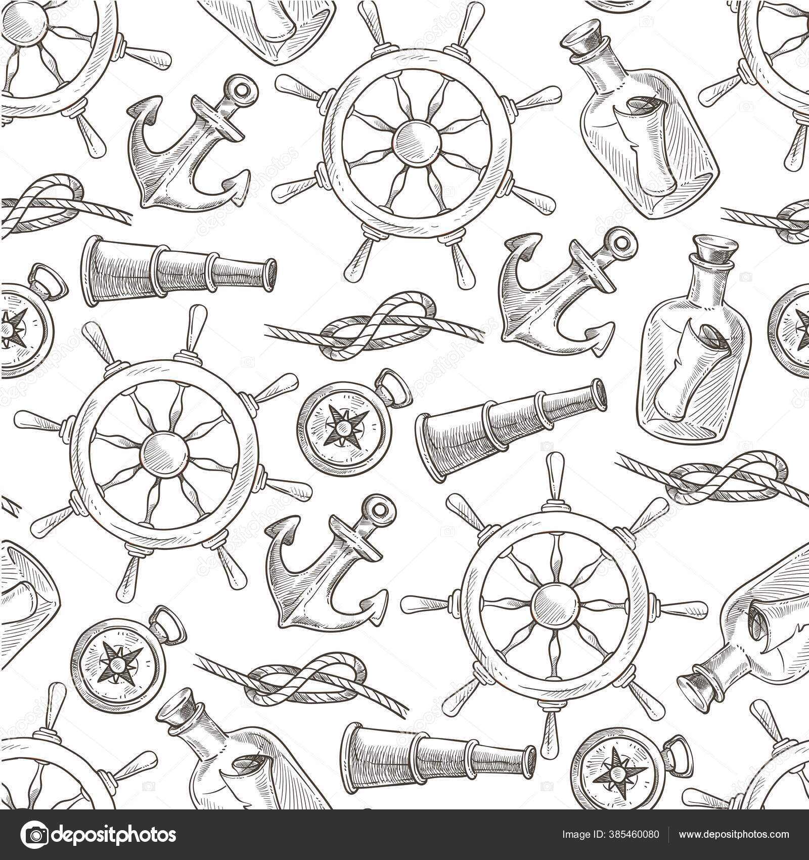 Nautical Objects Anchors Zooming Tube Seamless Pattern Voyage Items ...