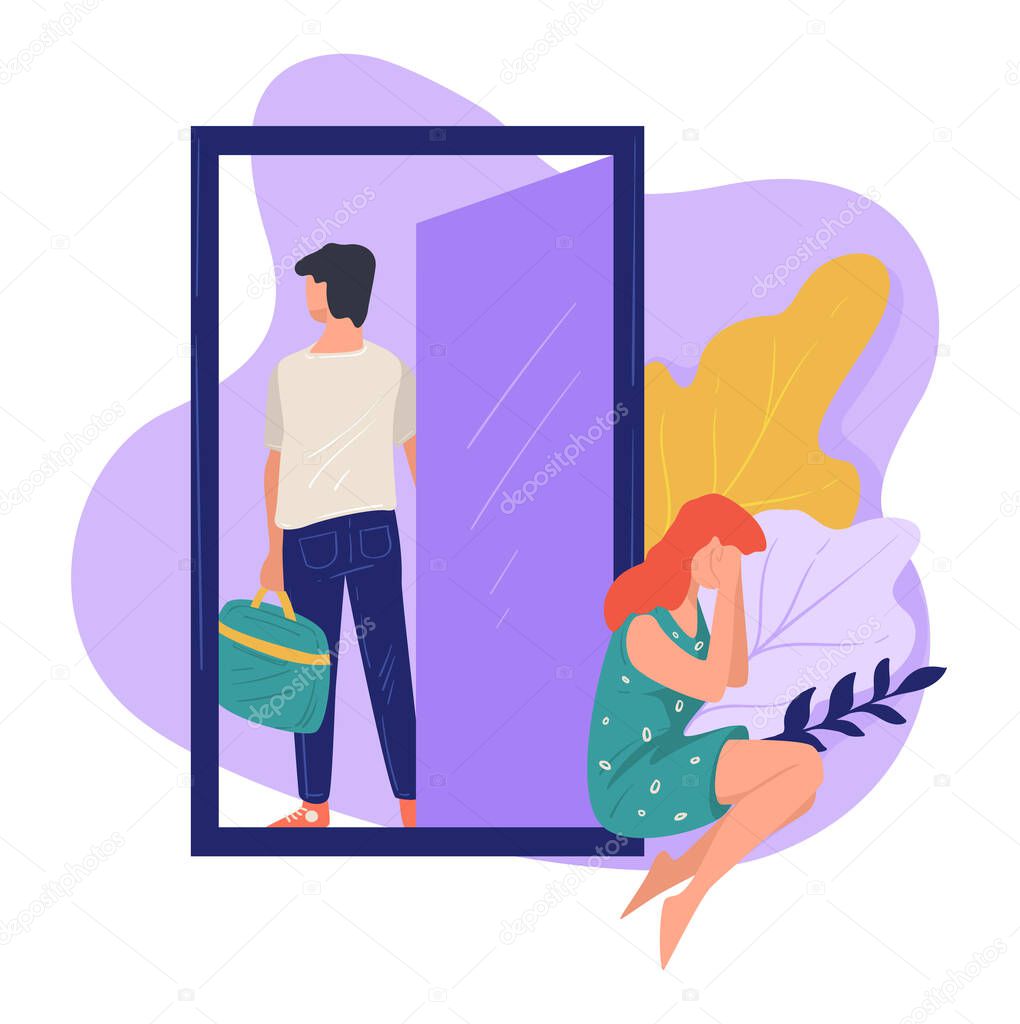 Marido dejando llorando esposa, divorcio y separación vector 2023