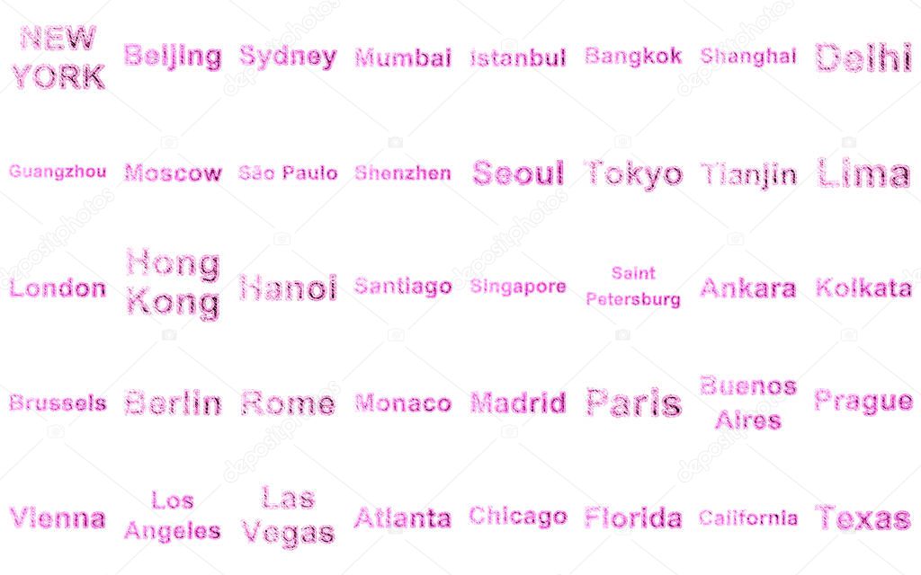 Colección de nombres de las ciudades y algunos estados. Ilustración. 2022