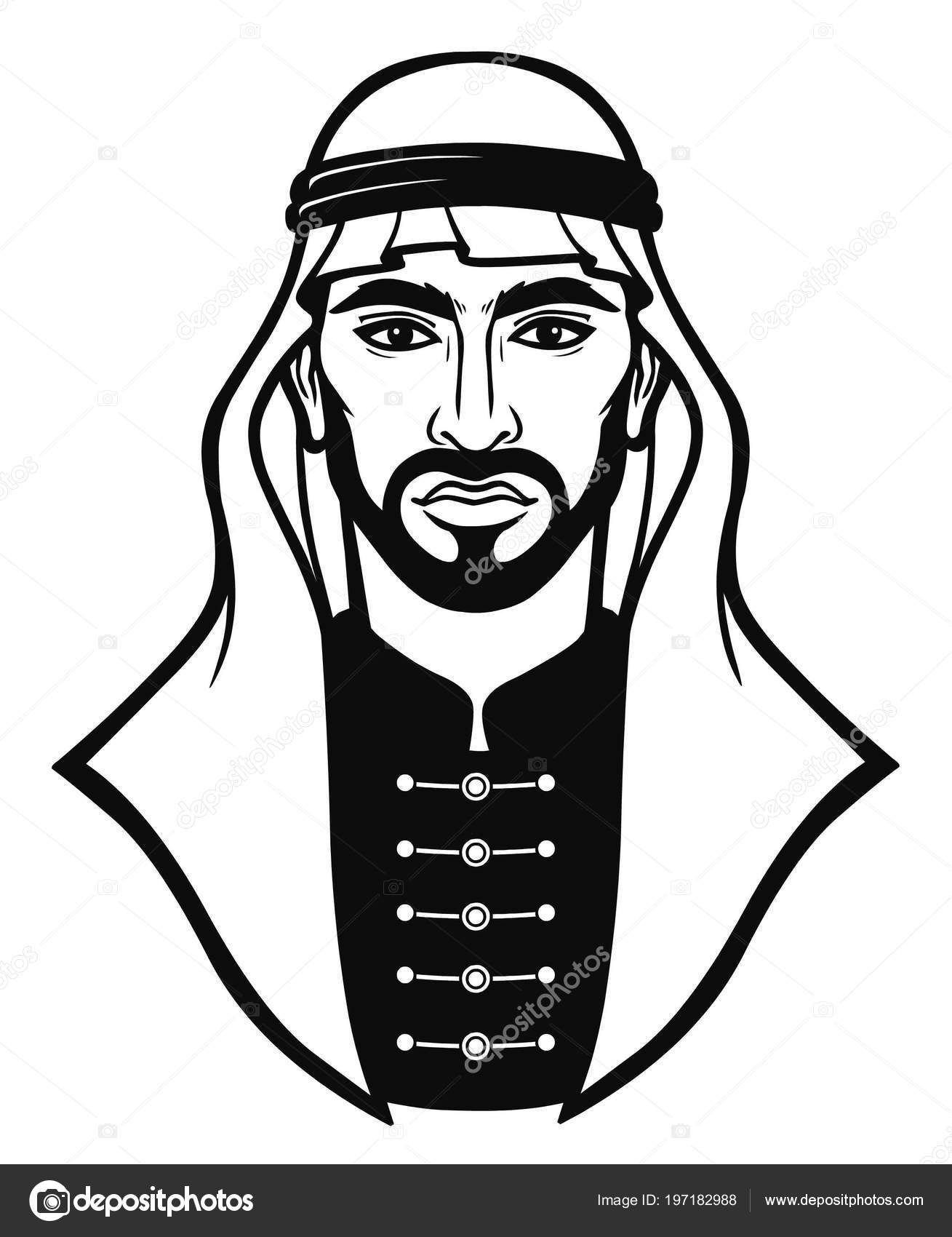 Animation Portrait Arab Man Traditional Headdress Monochrome Drawing ...