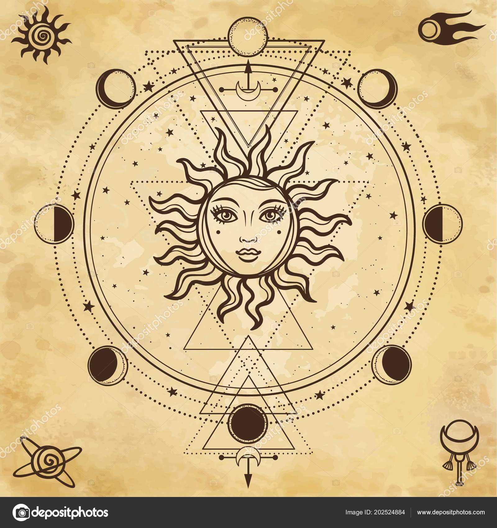 Mysterious Background Sun Human Face Sacred Geometry Phases Moon ...