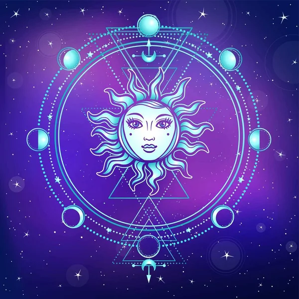 Mystical Drawing Sun Human Face Sacred Geometry Phases Moon Esoteric ...