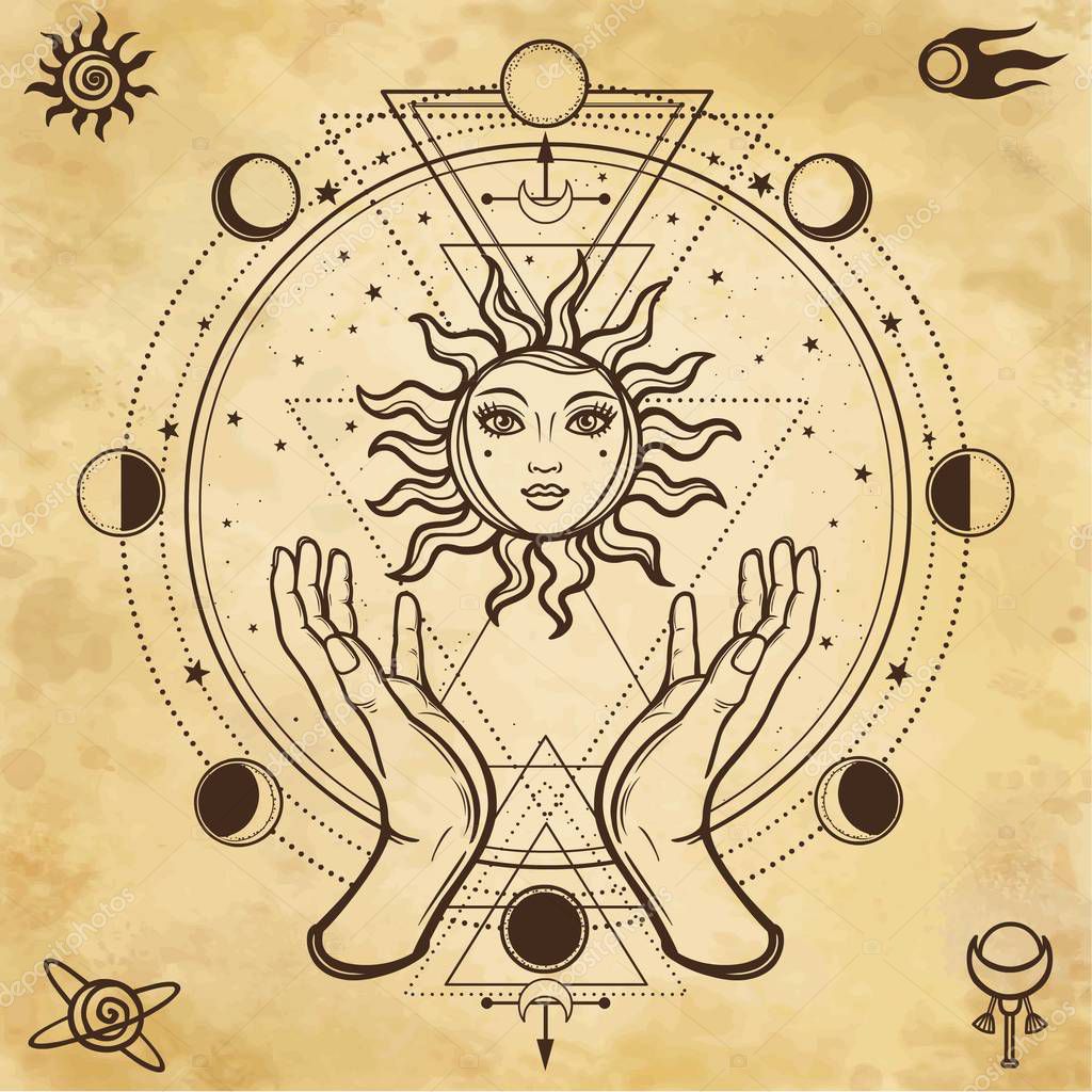 Dibujo místico: las manos humanas sostienen el sol. Círculo de una fase ...