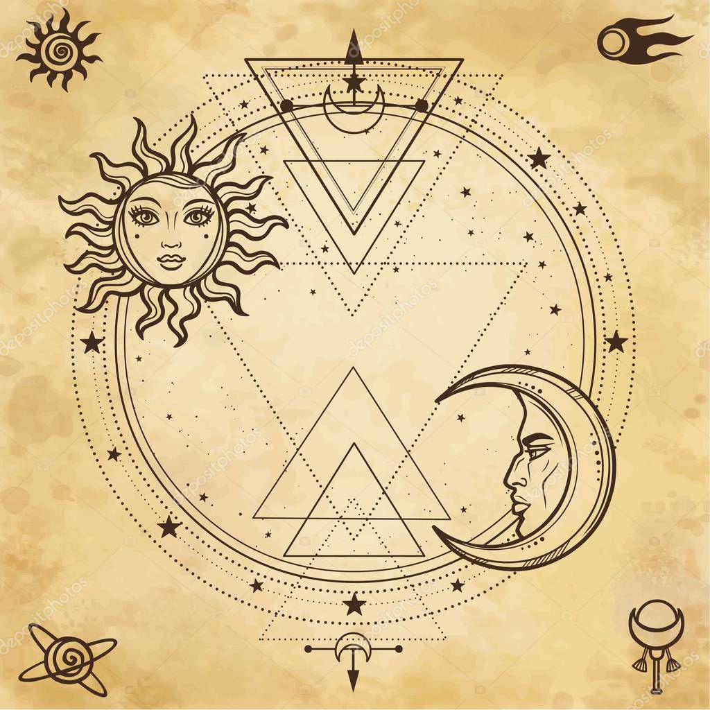 Dibujo m stico: sol y luna con rostros humanos, un c rculo estelar. El lugar para el texto ...