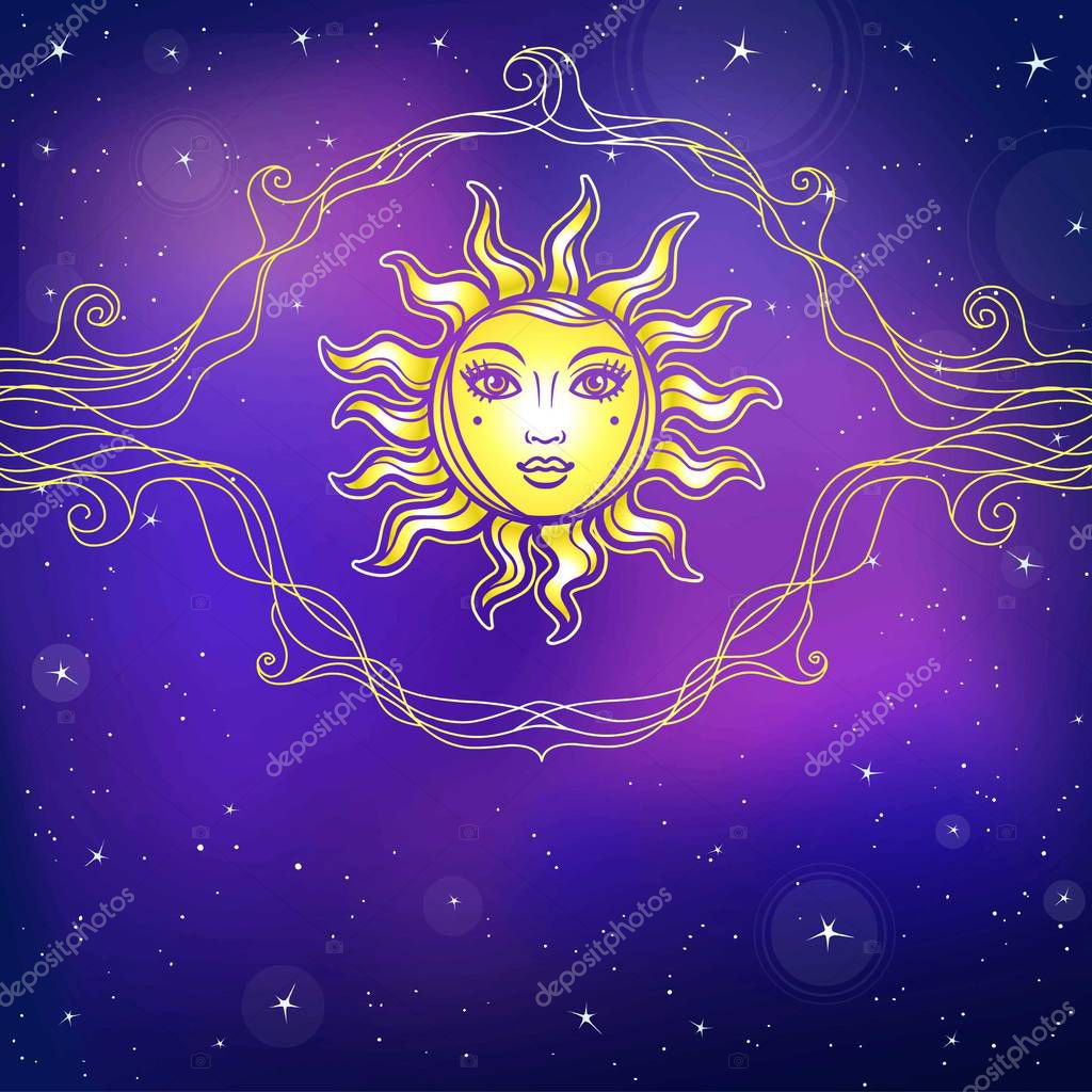 Dibujo místico: el sol con rostro humano, viñeta calada. Fondo - el ...