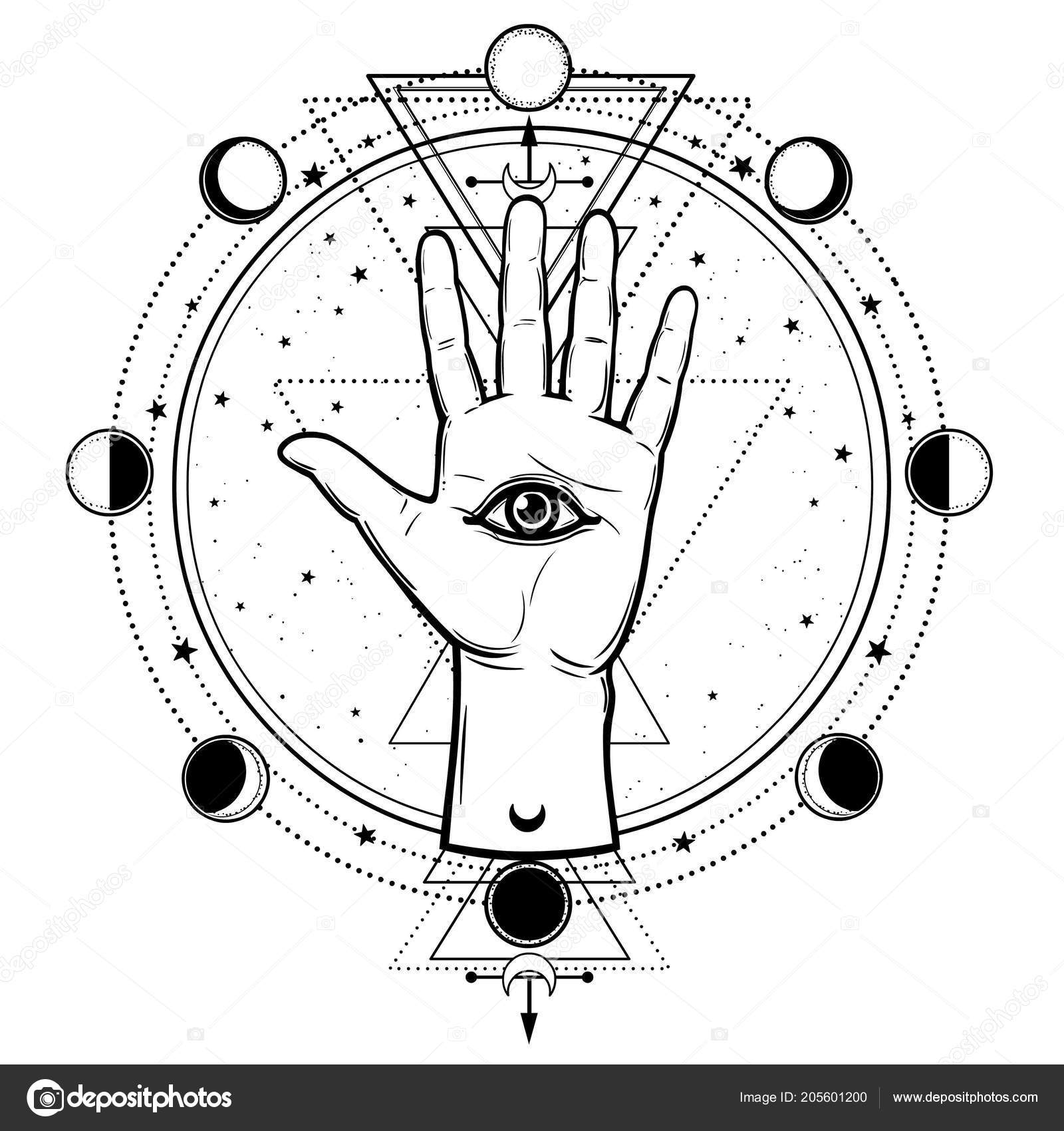 Mystical Drawing Divine Hand All Seeing Eye Circle Phase Moon Stock ...