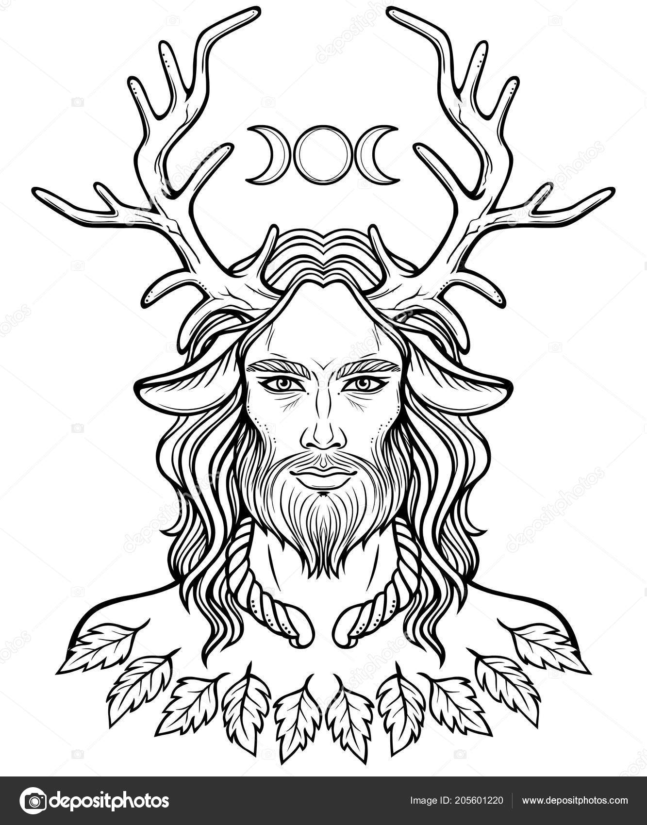 Portrait Horned God Cernunnos Mysticism Esoteric Paganism Occultism Linear Monochrome Stock ...