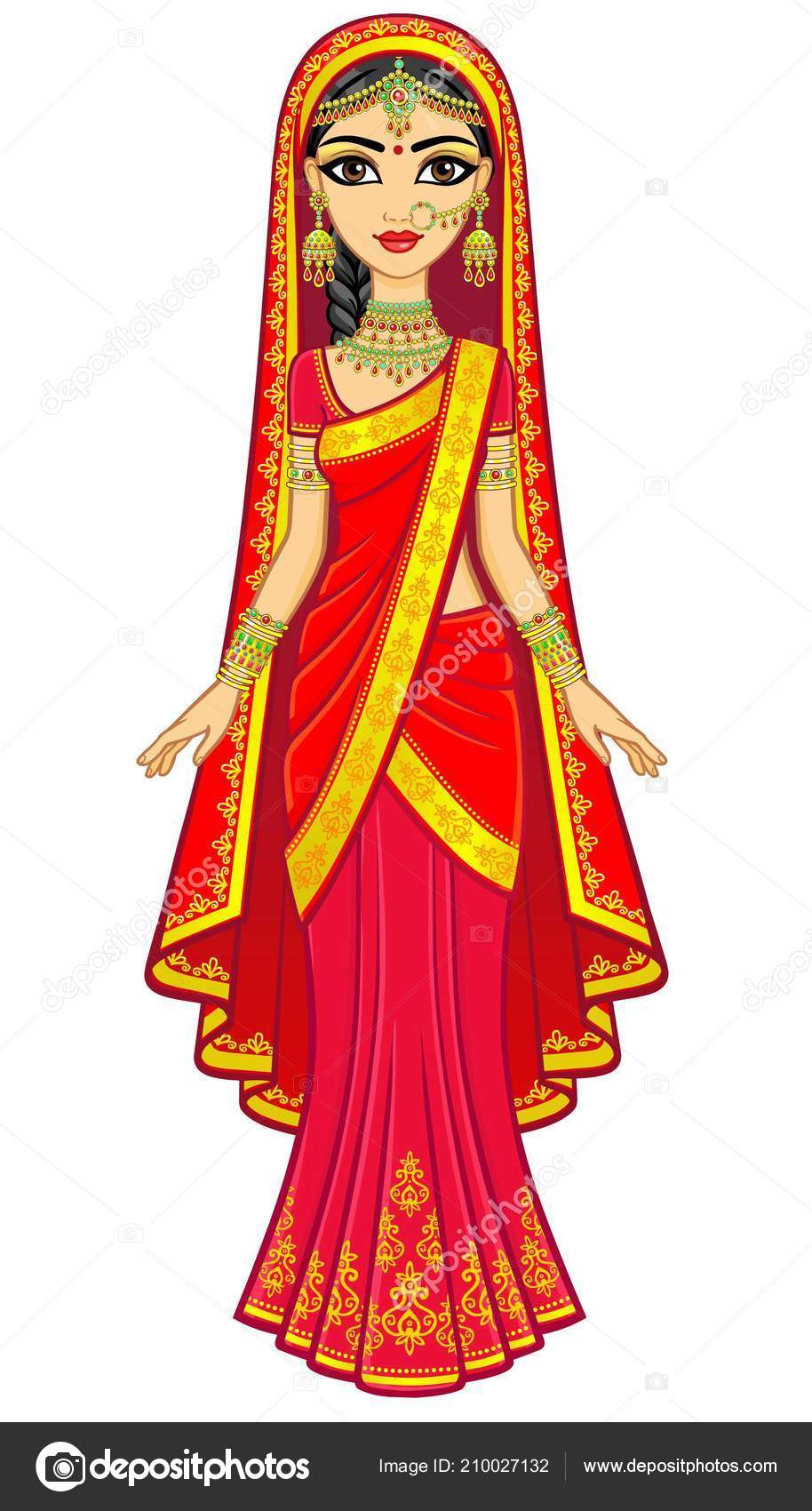 Asijské Krásy Animaci Portrét Mladé Indická Dívka Tradičním Oblečení ...