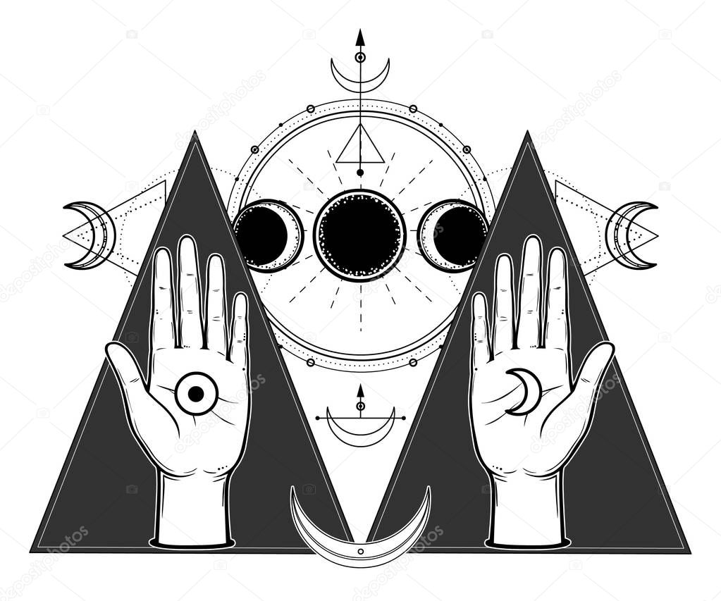 Dibujo místico: las manos humanas sostienen símbolos lunares. Fases de ...