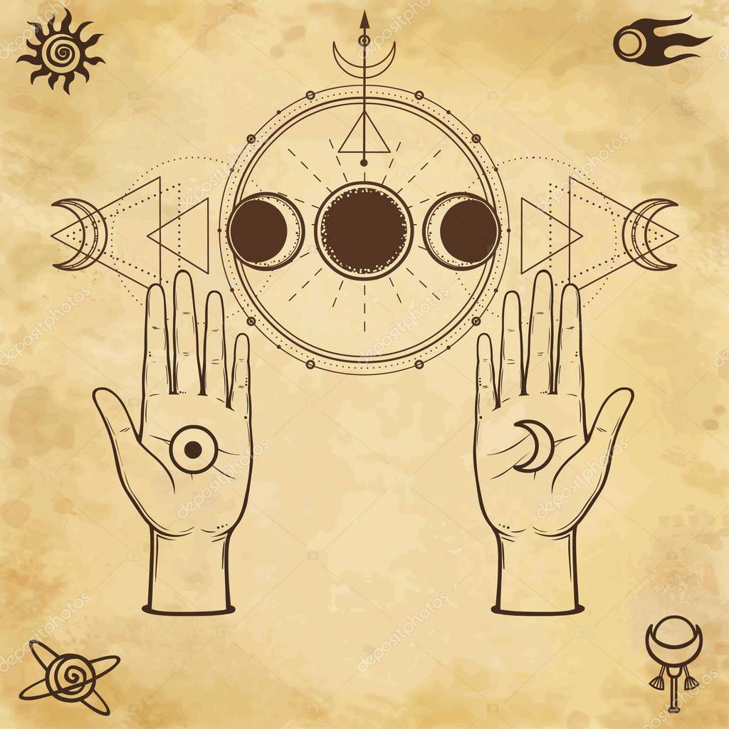 Dibujo Místico Manos Humanas Fases De La Luna Geometría Sagrada
