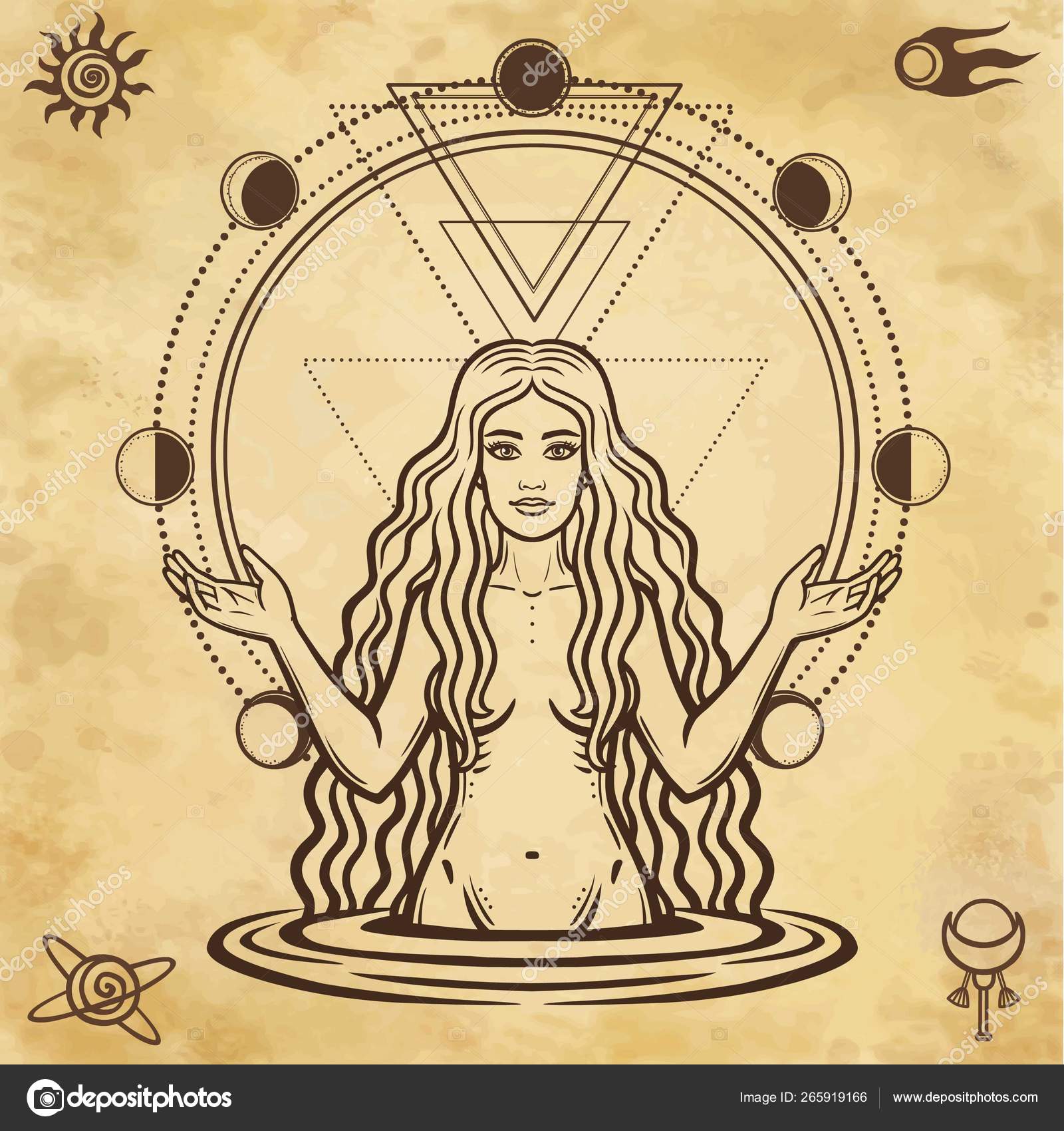 Dibujo Místico Diosa Femenina Fase Circular Luna Magia Esotérico