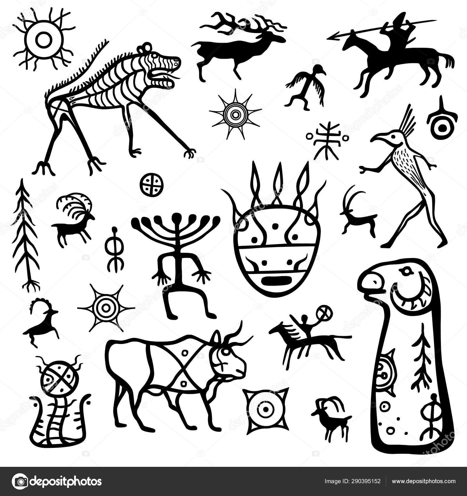 Animation Image Ancient Rock Paintings Drawing Stone Menhir Set ...