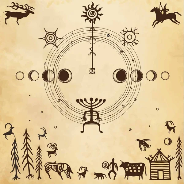 Symbolical primitive Universe, peace arrangement. Ancient rock ...