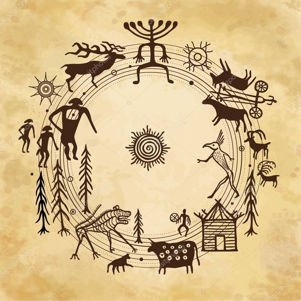 Universo primitivo simbólico, arreglo de paz. Conjunto de petroglifos ...