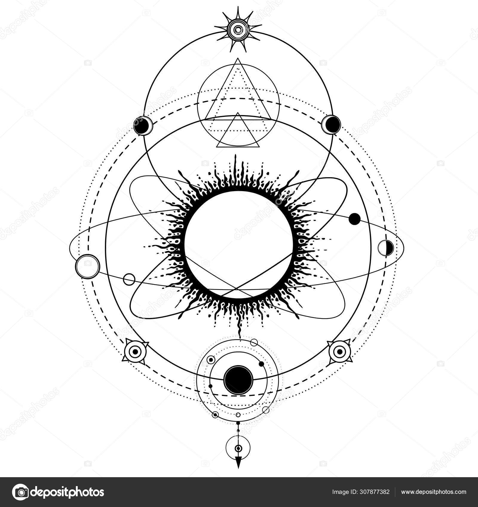 Mystical Drawing Stylized Solar System Orbits Planets Space Symbols ...