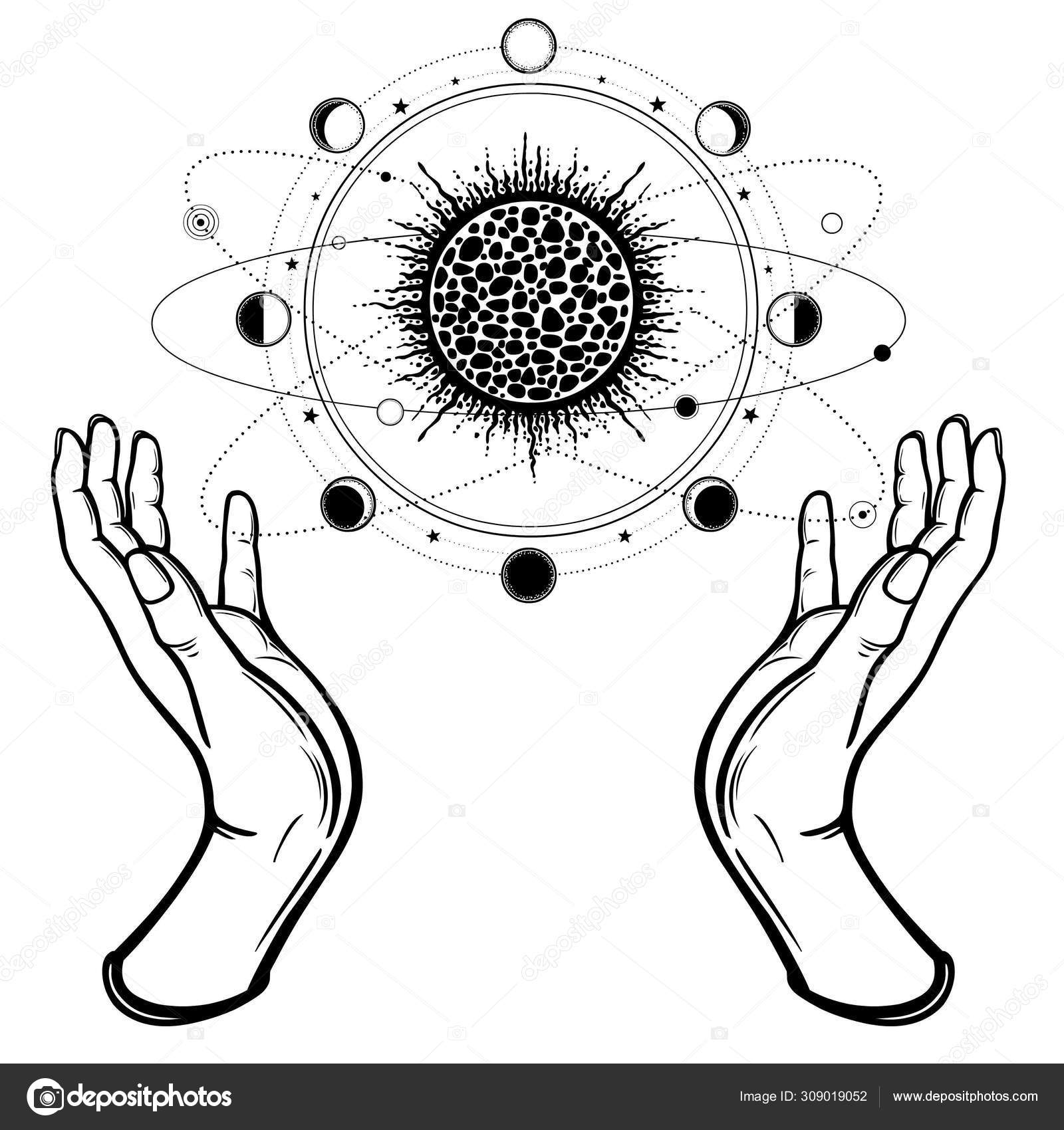 Human Hands Hold Stylized Solar System Cosmic Symbols Phase Moon Stock ...