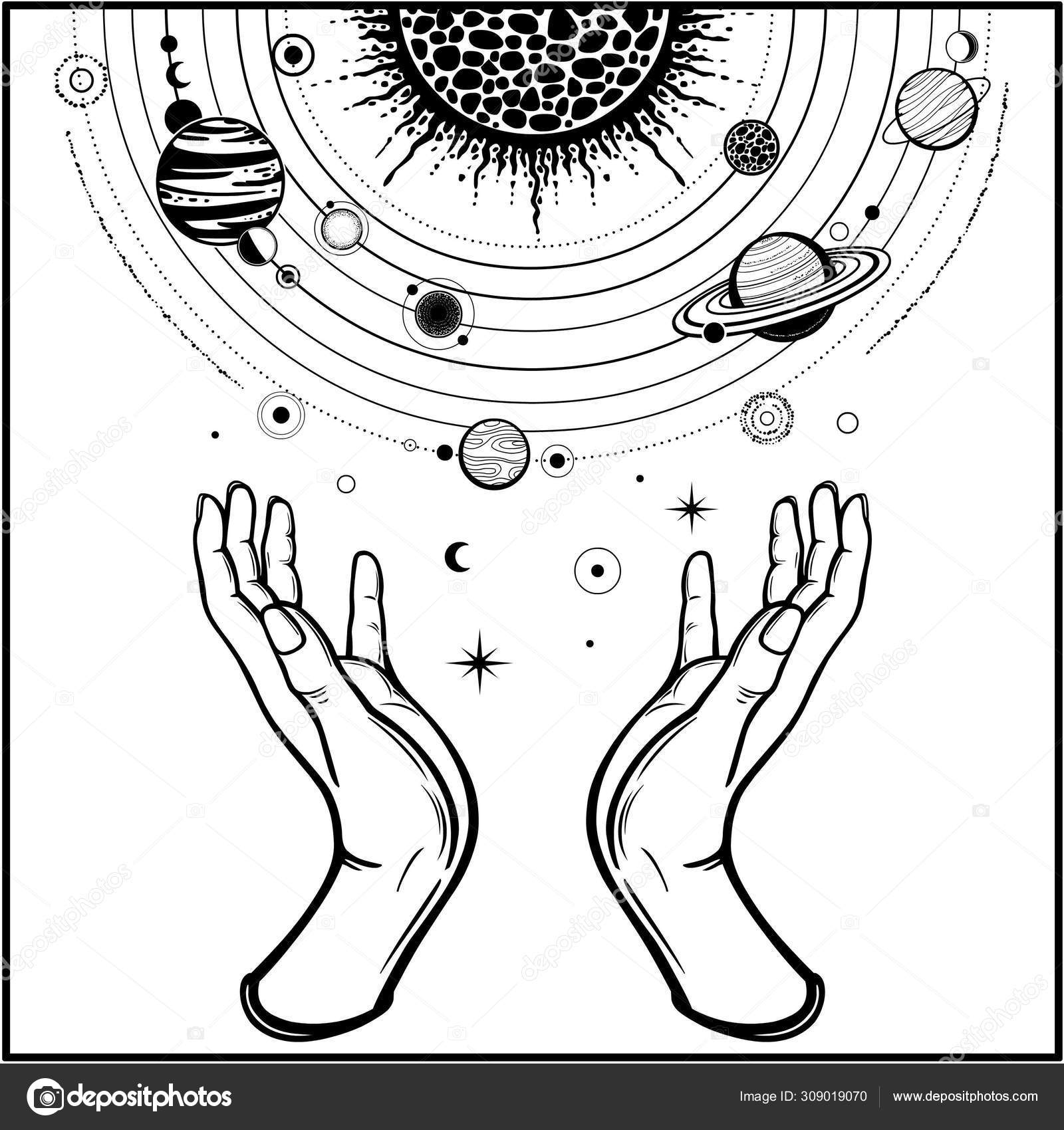 Human Hands Hold Stylized Solar System Cosmic Symbols Stars Magic Stock ...