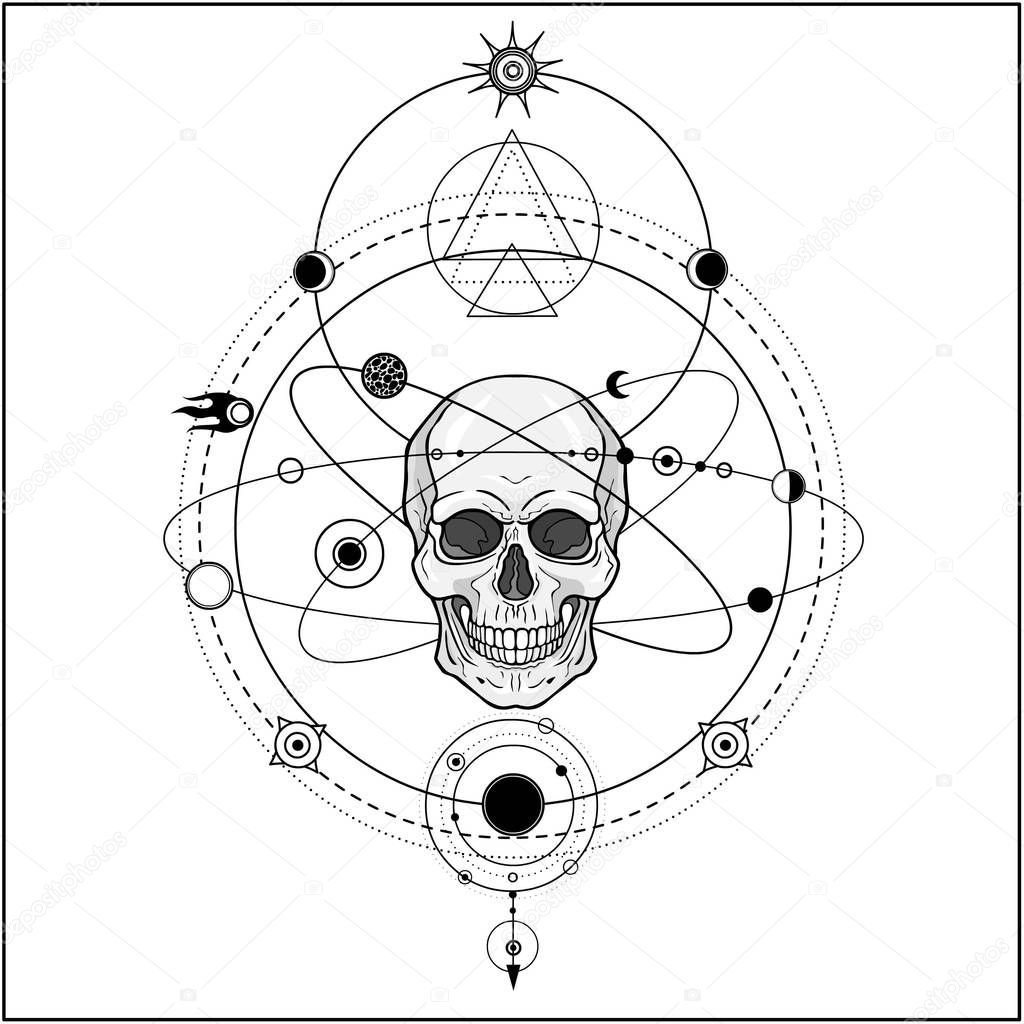 Dibujo místico: Calavera humana, órbitas planetarias, símbolos cósmicos ...