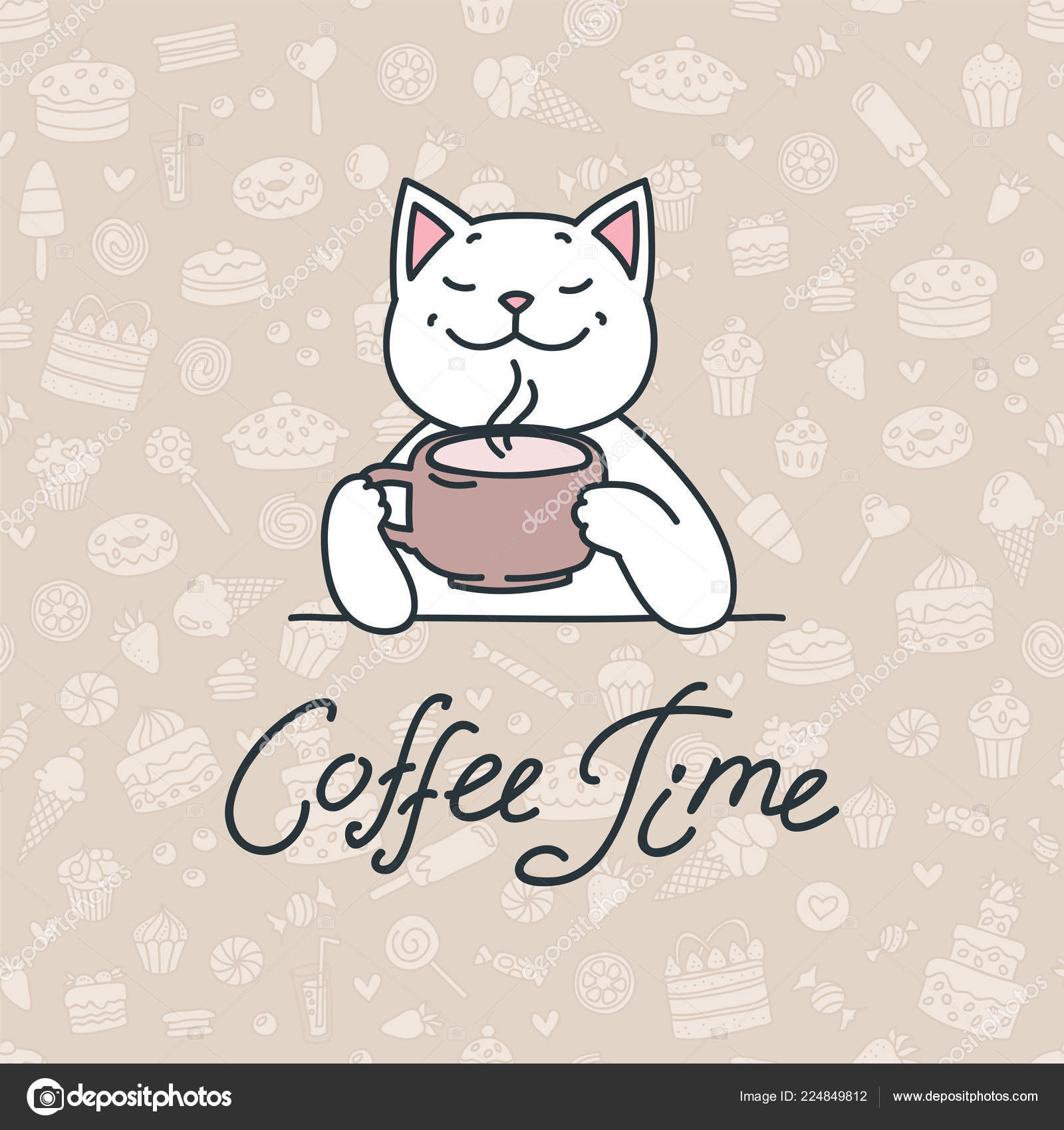 Coffee Time Illustration Cute White Cat Cup Coffee Background Sweets ...