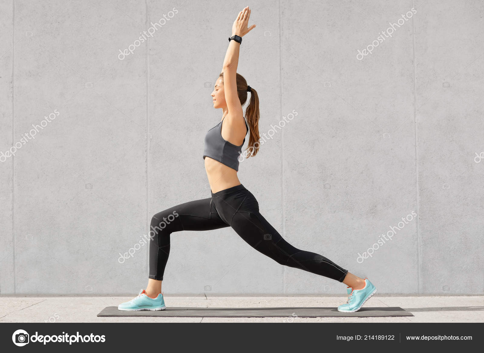 Studio Shot Slim Girl Claps Hands Does Arm Balance Exercises Stock ...