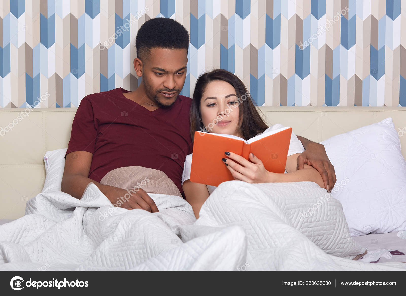Romantic Mixed Race Woman Man Pose Bed Read Interesting Book — Stock ...