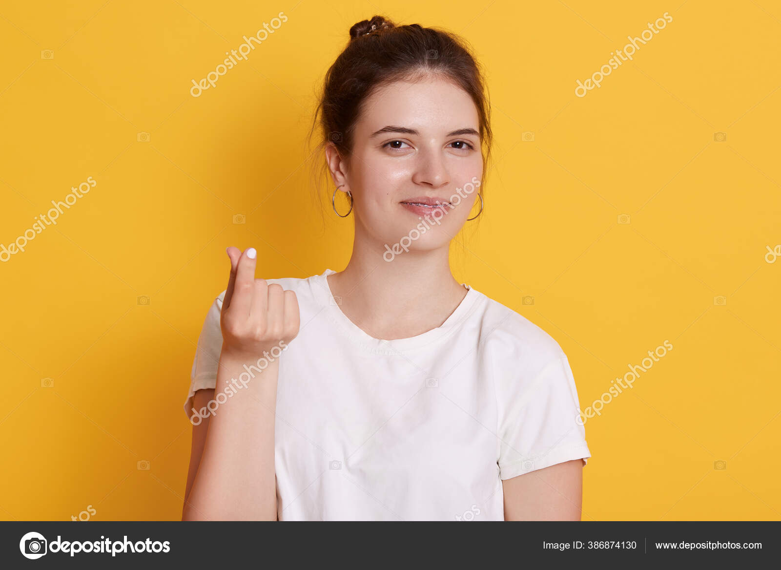 Attractive Dark Haired Woman Shoving Money Gesture Her Fingers Looking ...