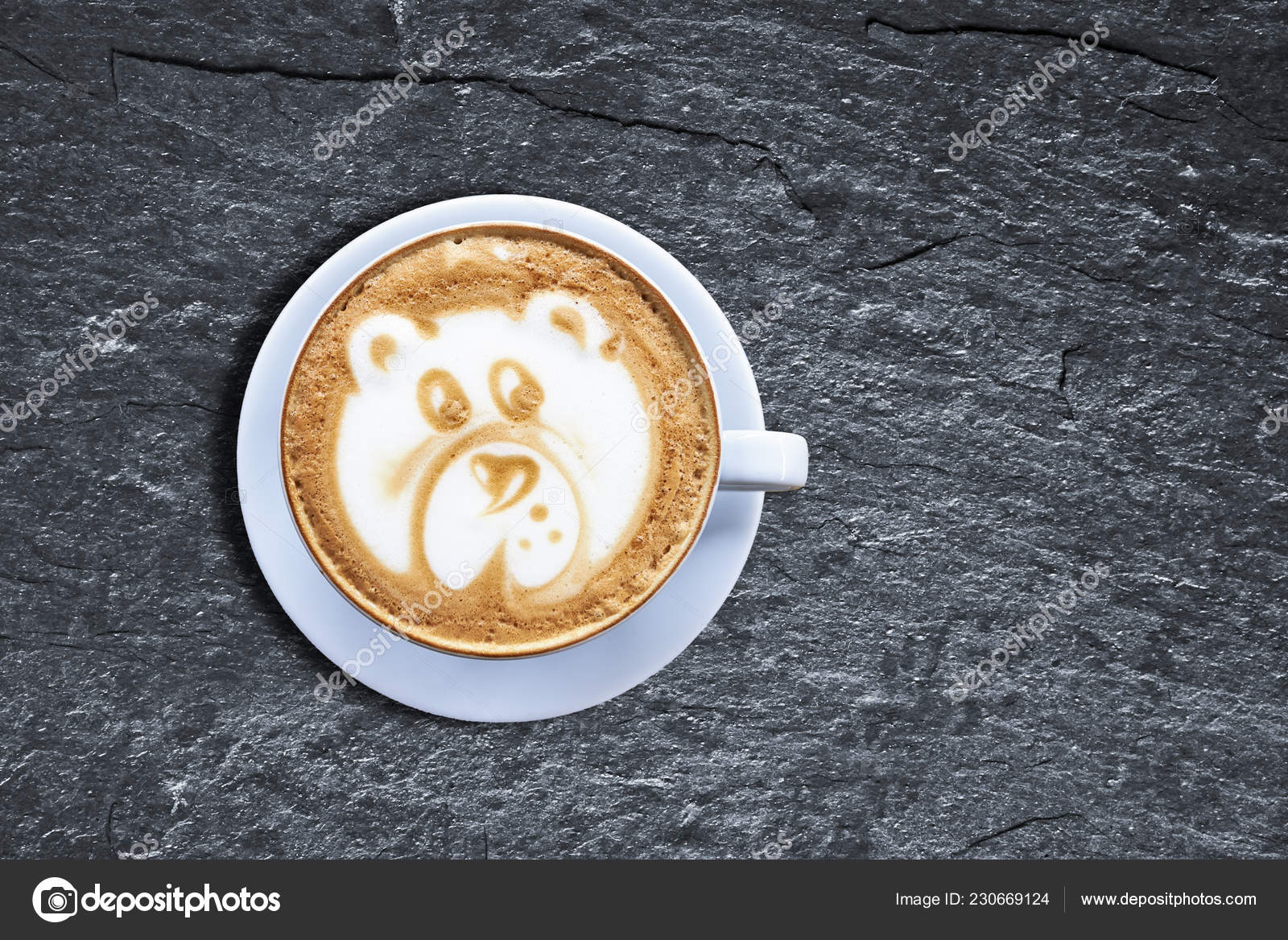 Teddy Bear Latte Art Coffee Cup Textured Black Shist Oblique — Stock Photo © Bombaert #230669124