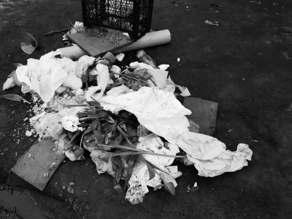 Garbage - scattered flowers, packages, boxes on the snow and on the ...