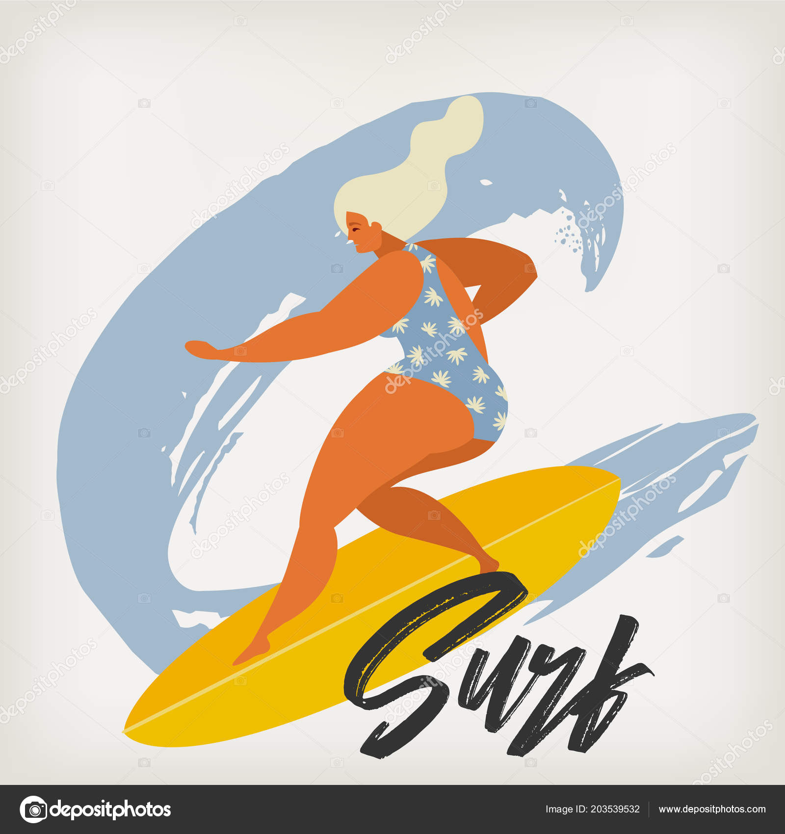 Surfing girl on the surf boards catching waves in the sea. Summer beach ...