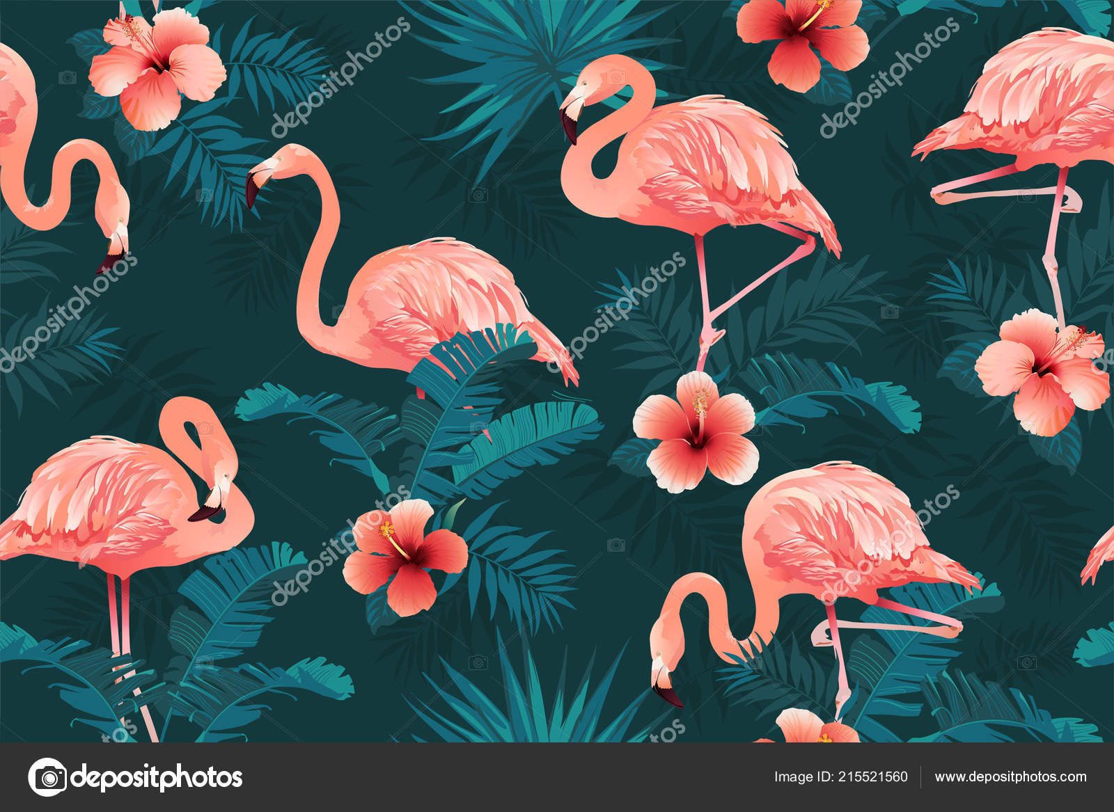 Beautiful Flamingo Bird Tropical Flowers Background Seamless Pattern ...