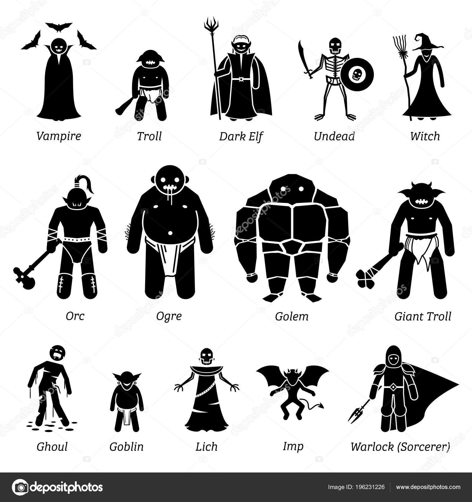 Ancient Medieval Fantasy Evil Characters Creatures Monsters Icon Set ...