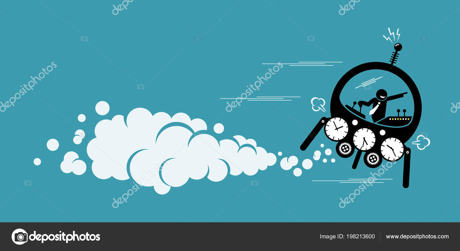 Businessman Flying Time Machine Going Future Vector Artwork Depicts ...