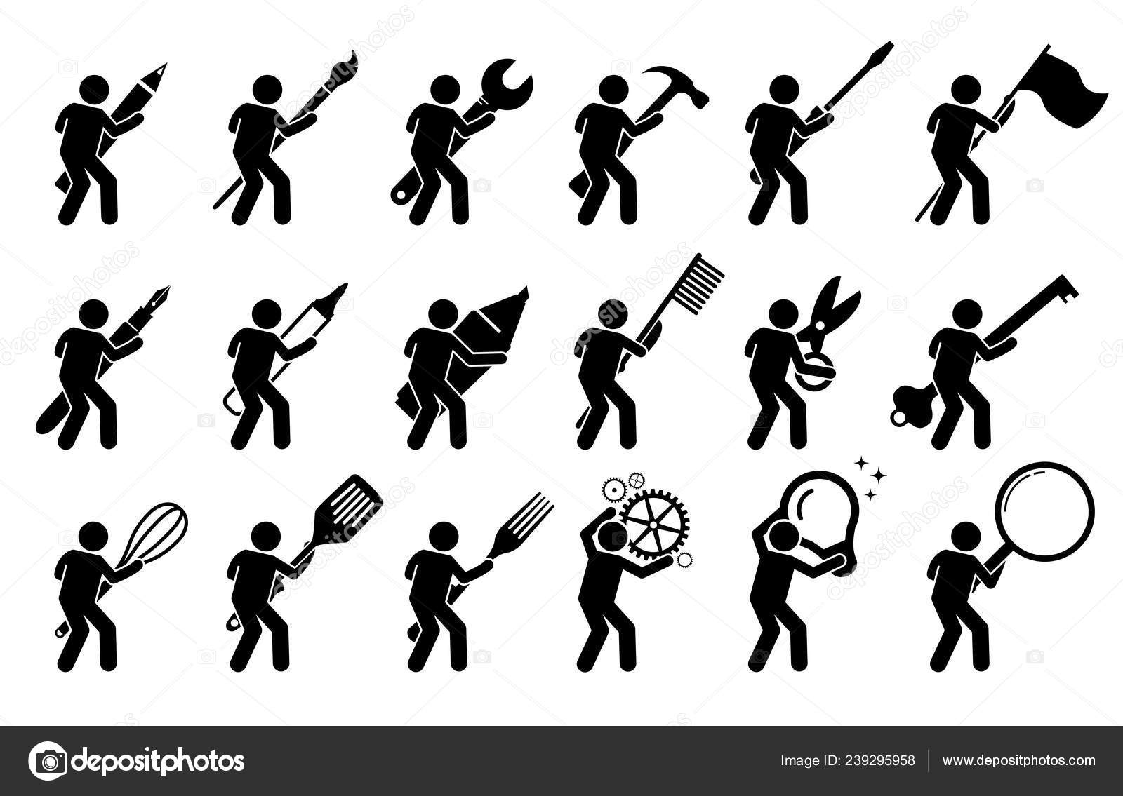 Stick Figure Stick Man Using Various Tools Equipments Includes Writing ...