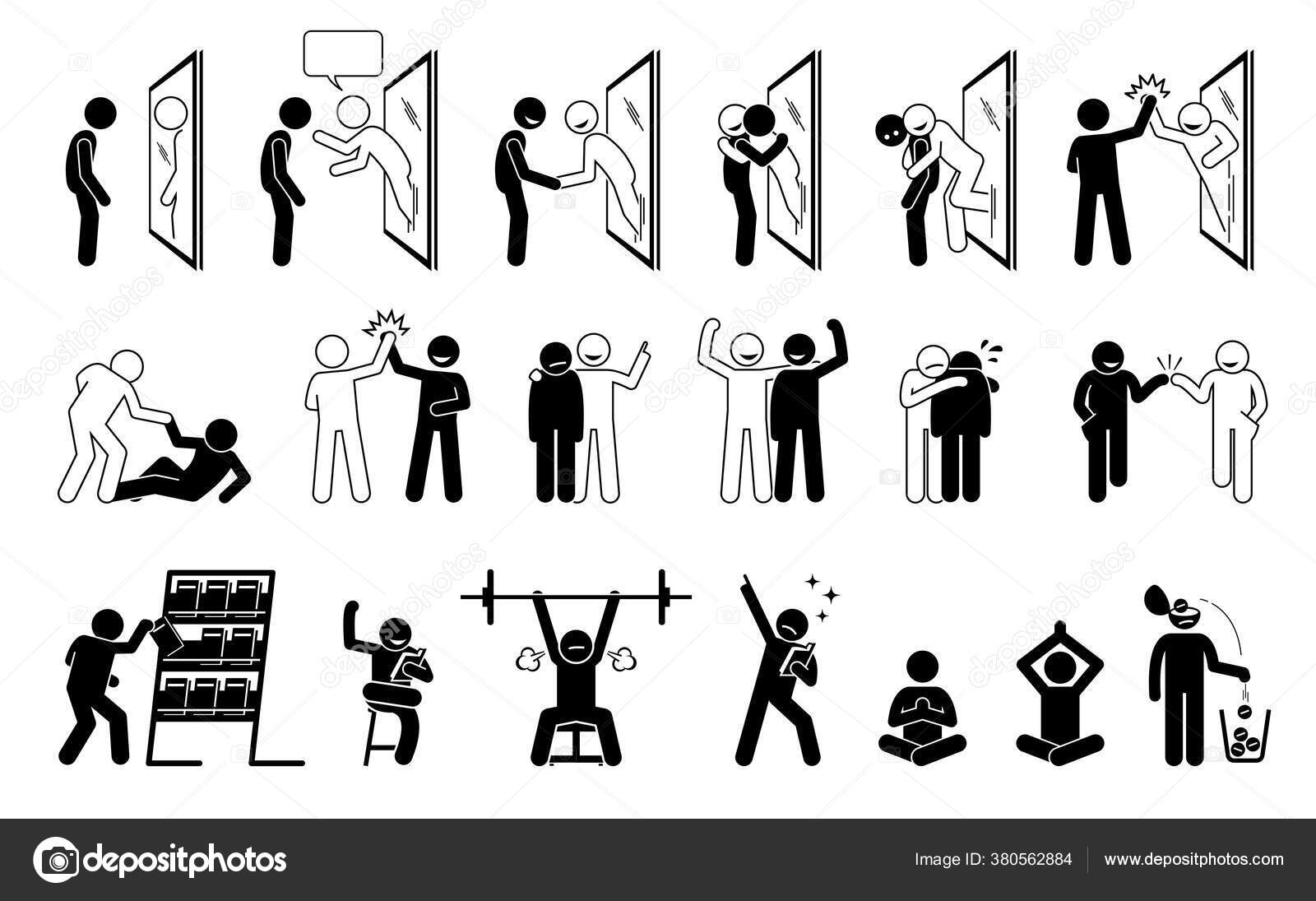 Self Help Metaphor Stick Figure Pictogram Icons Vector Illustration ...