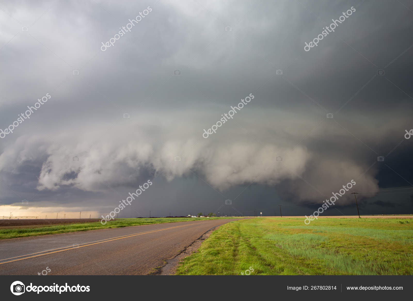 Big Supercell Storm Shelf Cloud Wall Cloud Looms Road Rural Stock Photo ...