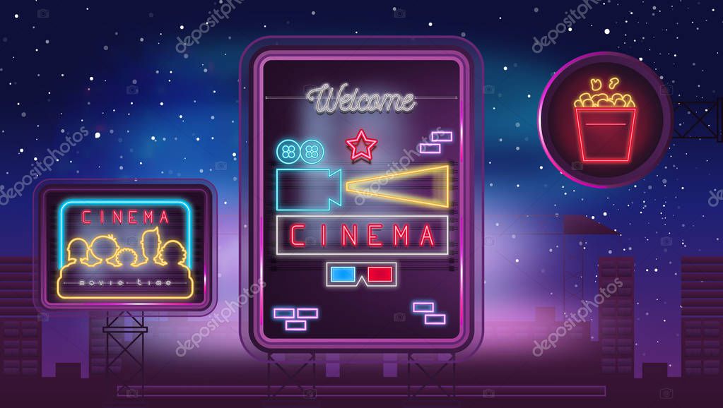 Diseño moderno de Neon Sign con Cinema Banner Design Template. Letrero ...