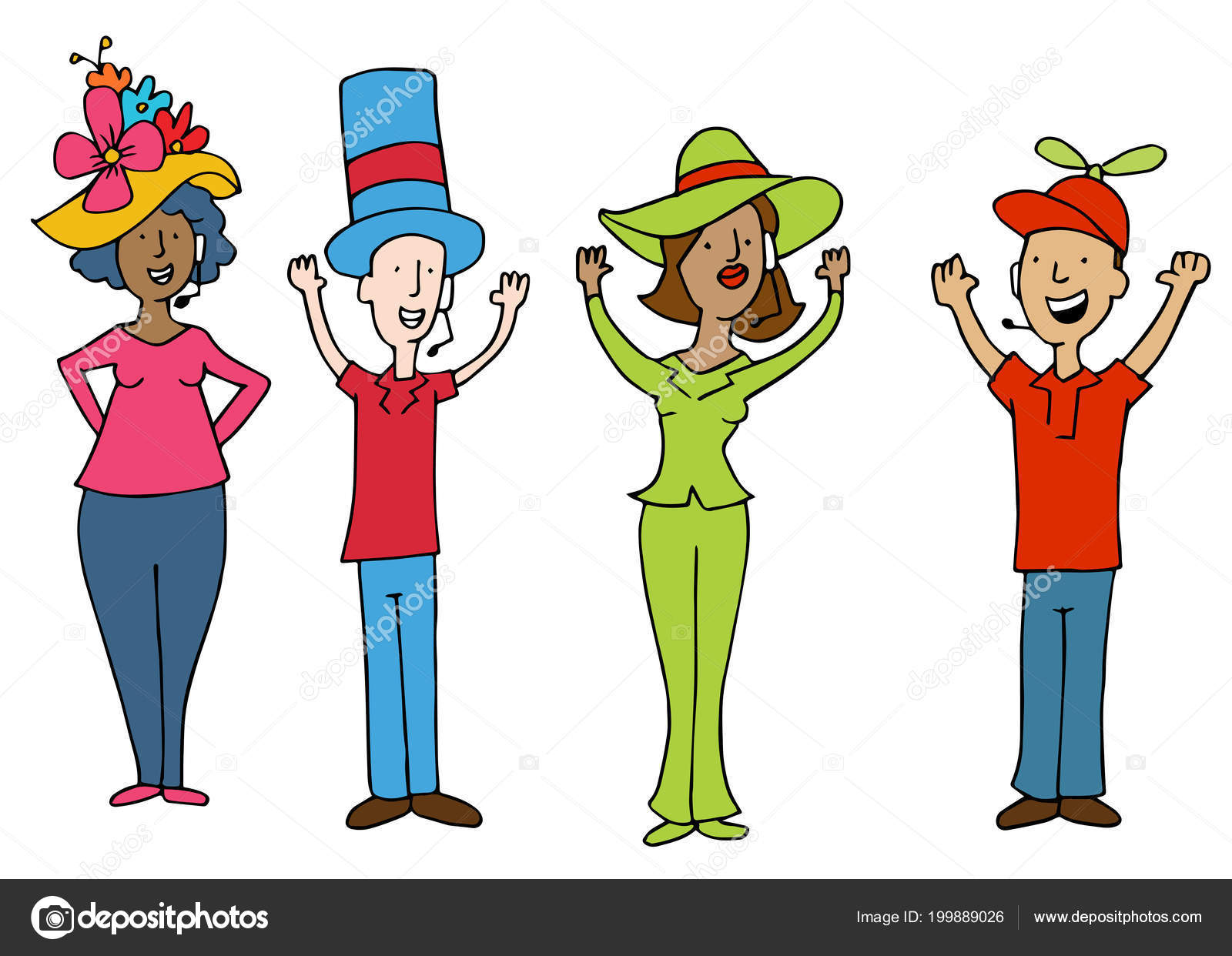 Image Headset Operator Workers Wearing Funny Hats Cartoon Stock Vector ...