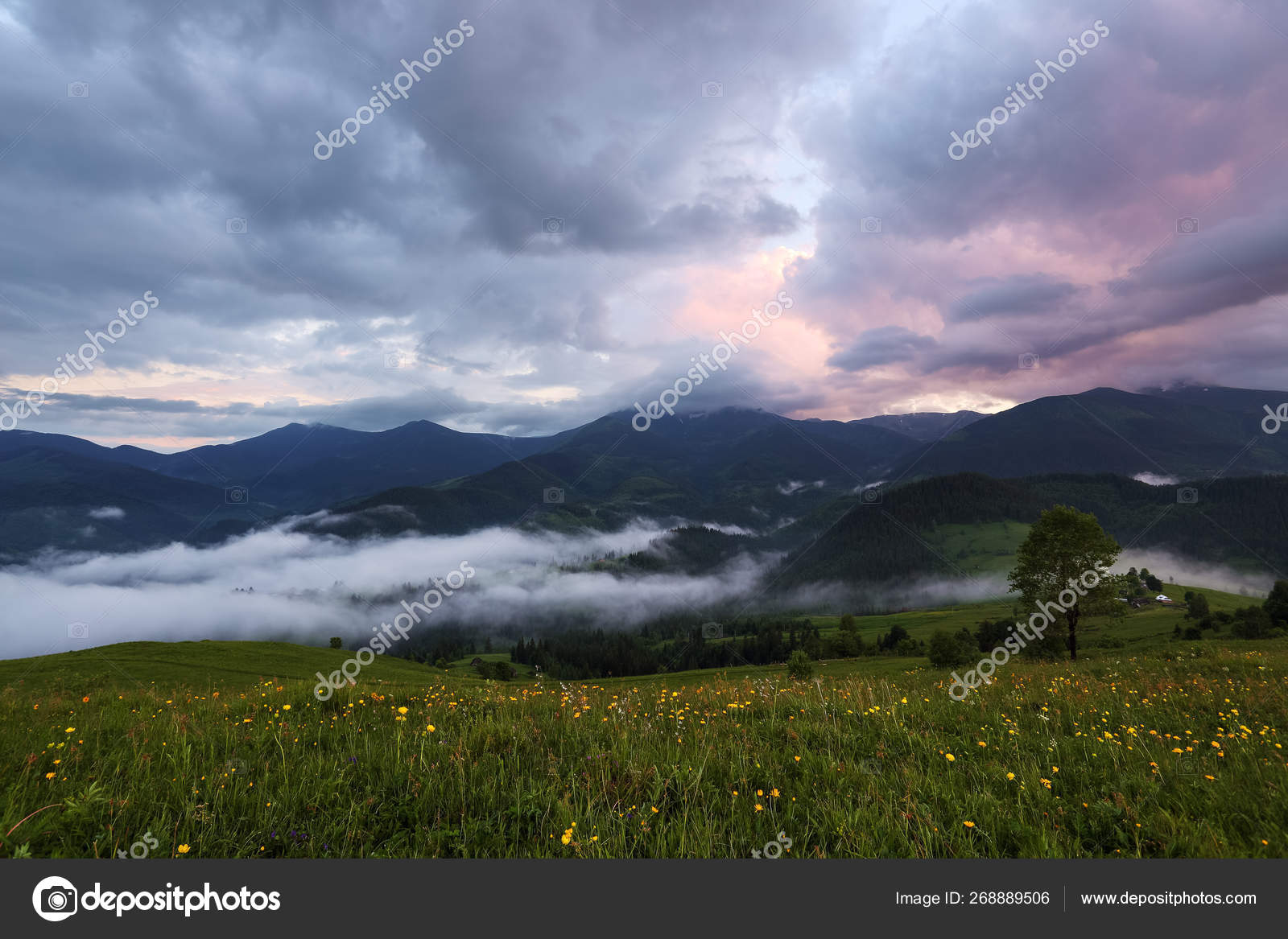 Majestic spring day. A beautiful landscape with high mountains, sky ...