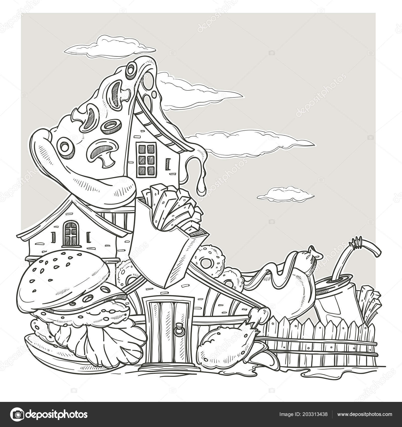 Fastfood House Lovely Cartoon Castle Made Burger Pizza French Fry Stock ...